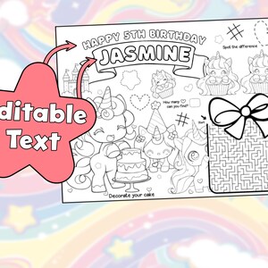 Editable Unicorn Theme Birthday Party Placemat V2 | Coloring Page ...