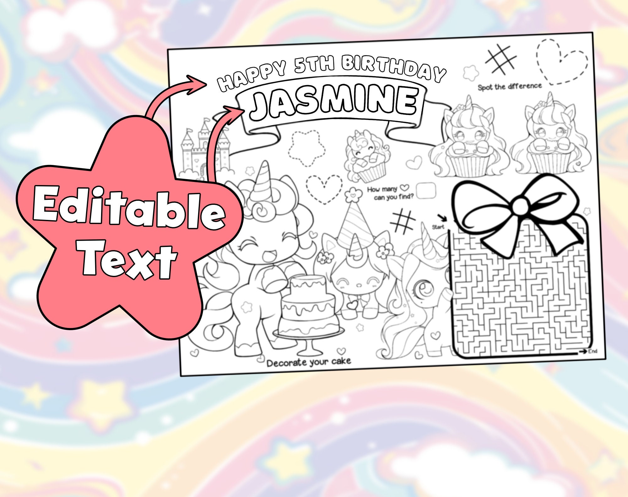 Editable Unicorn Theme Birthday Party Placemat V2 | Coloring Page ...