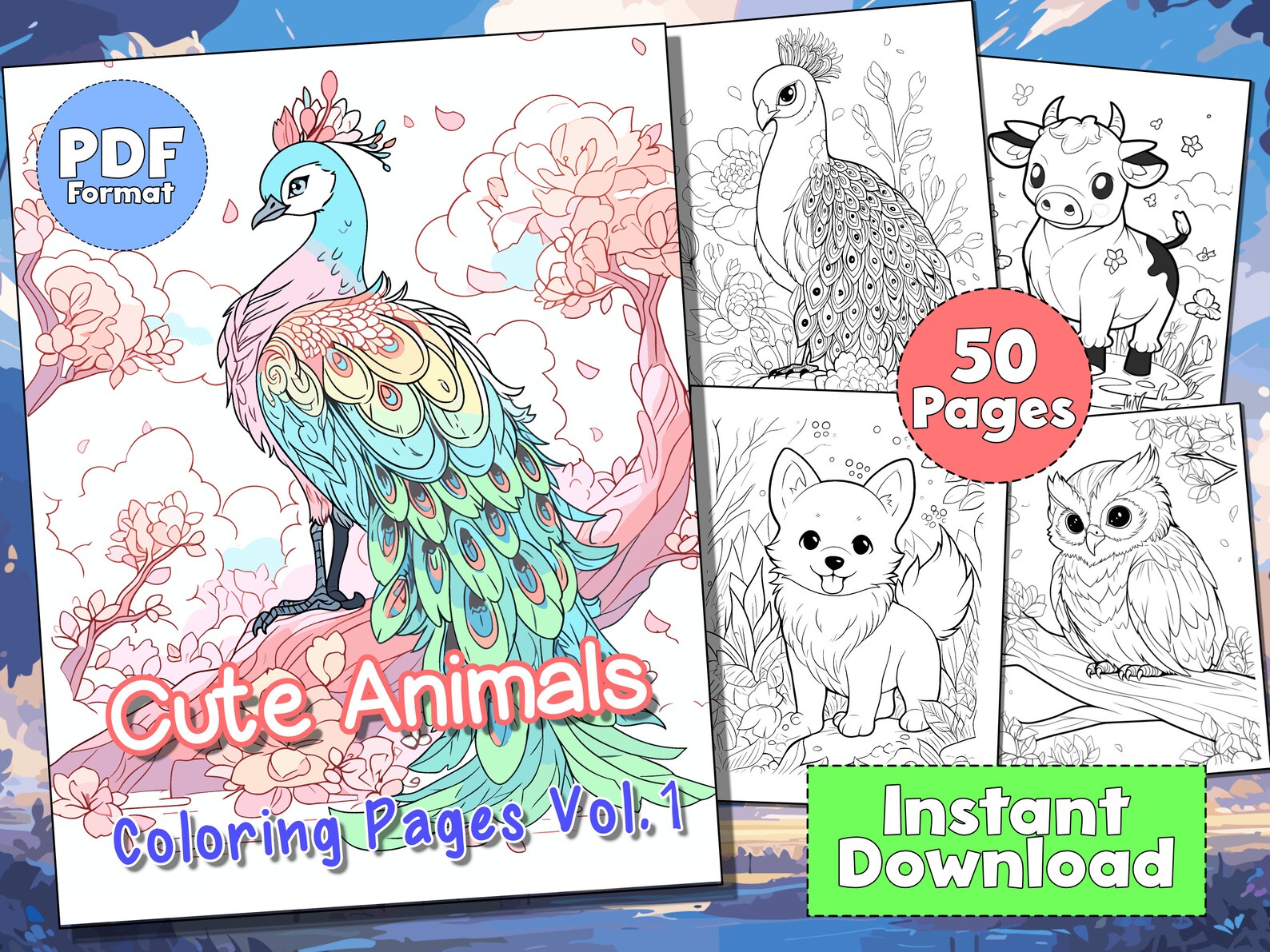 50 Cute Animals Coloring Page Book Coloring Book for Adults - Etsy