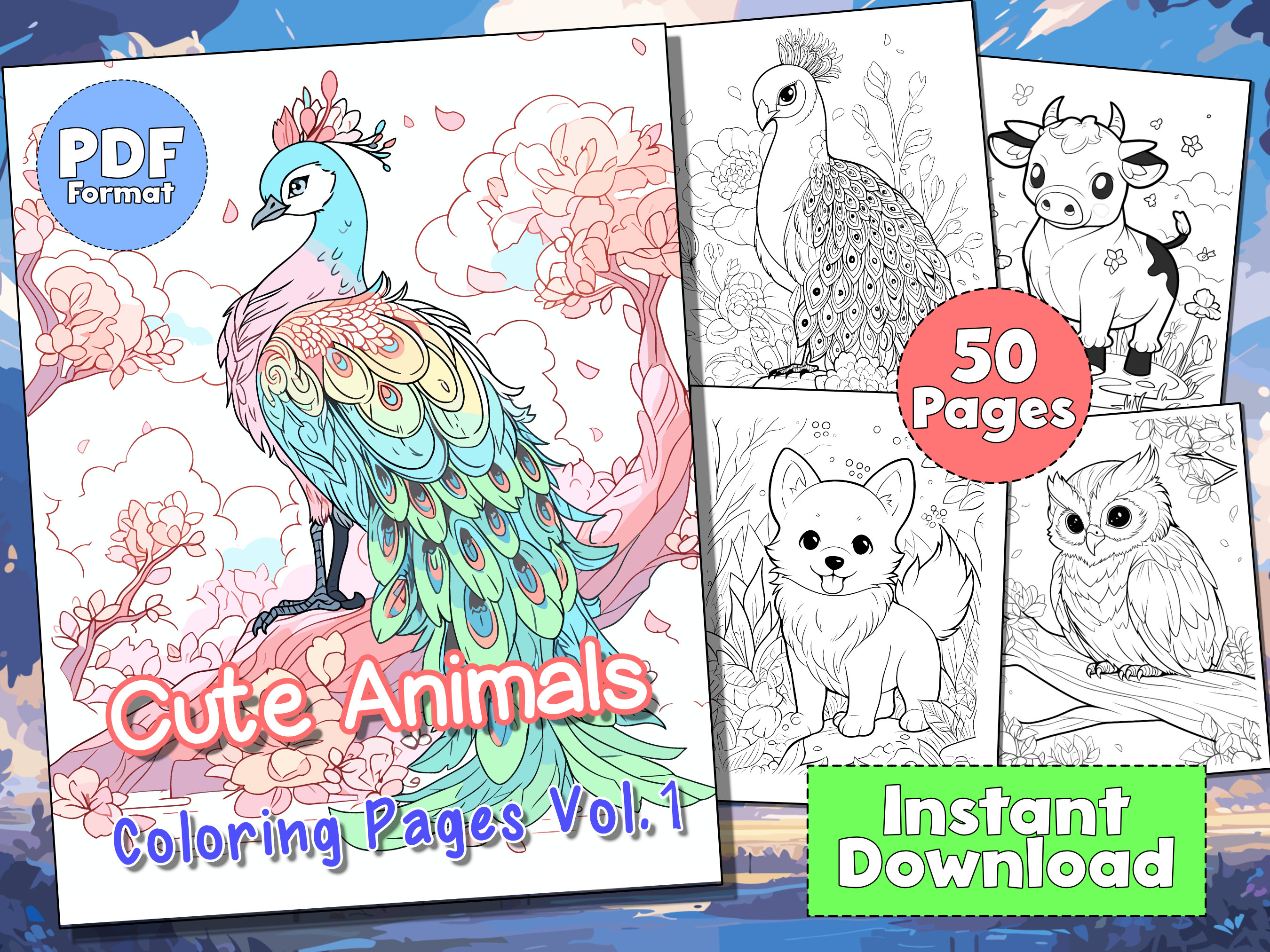 50 Cute Animals Coloring Page Book Coloring Book for Adults - Etsy