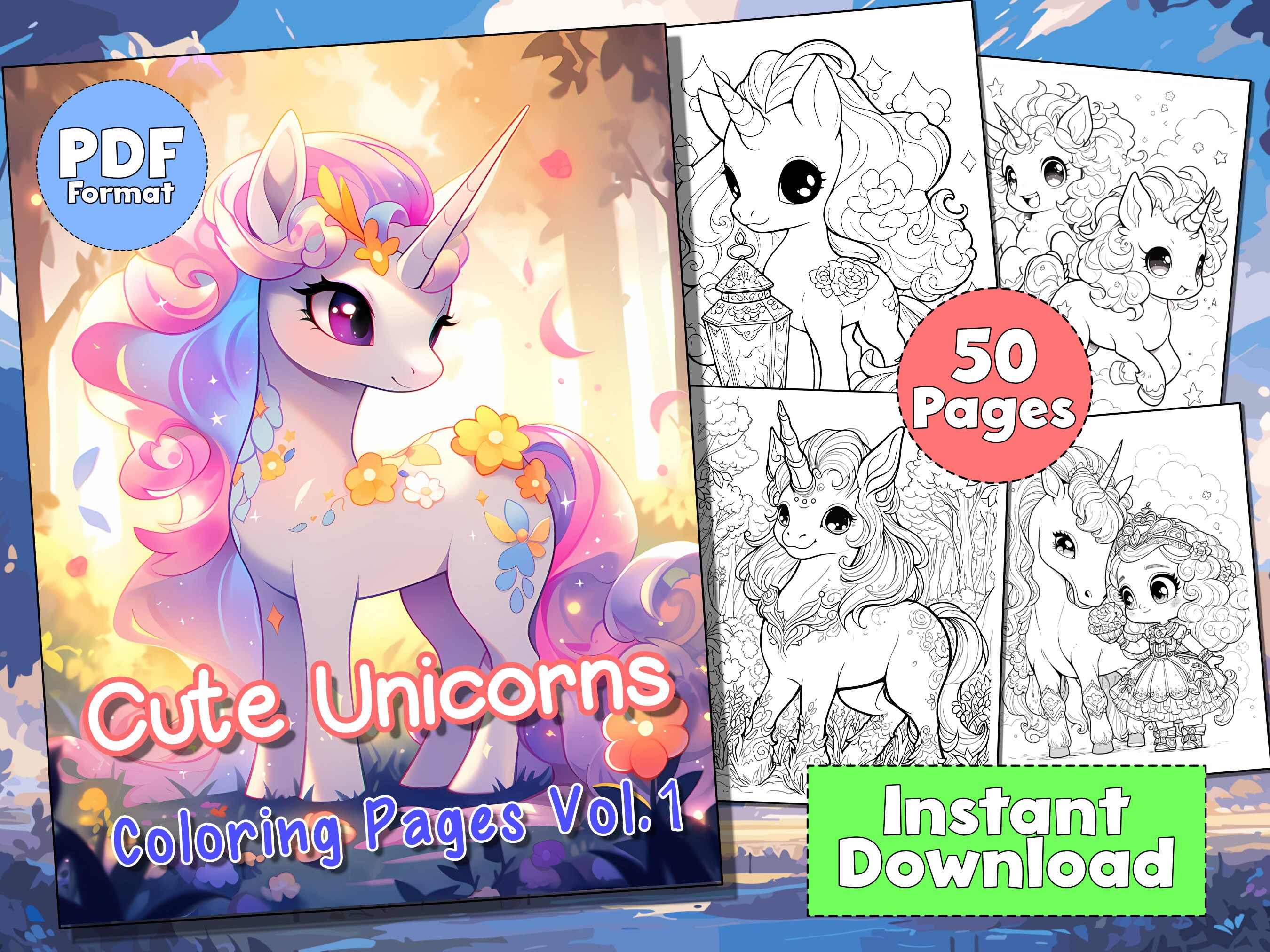 50 Cute Unicorns Coloring Page Book Coloring Book for Adults Kids ...