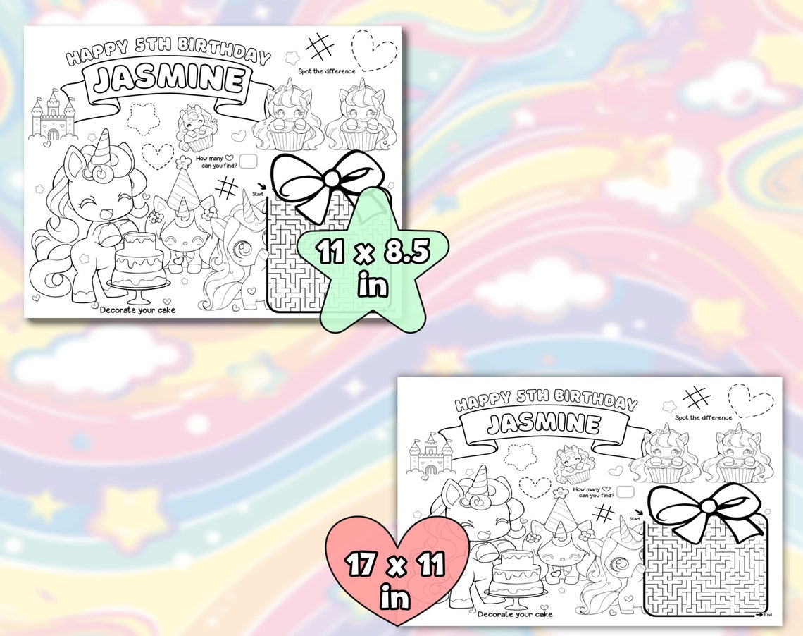 Editable Unicorn Theme Birthday Party Placemat V2 | Coloring Page ...