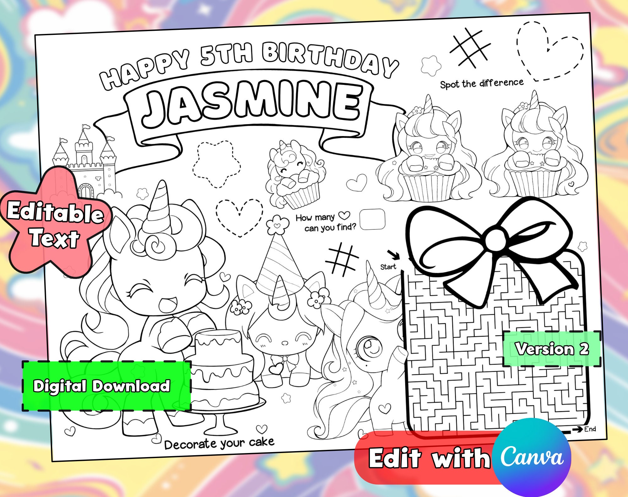 Editable Unicorn Theme Birthday Party Placemat V2 | Coloring Page ...