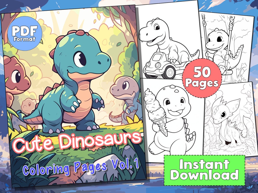 50 Cute Dinosaurs Coloring Page Book | Coloring Book for Adults + Kids ...