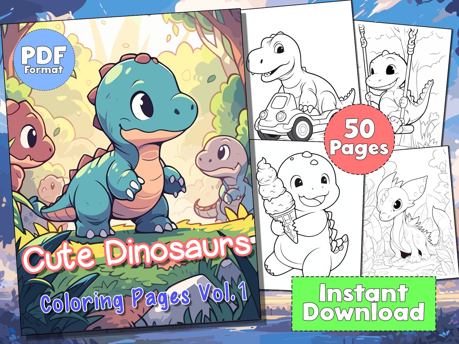 50 Cute Dinosaurs Coloring Page Book | Coloring Book for Adults + Kids ...