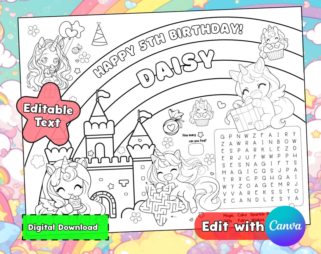 Editable Unicorn Theme Birthday Party Placemat | Coloring Page Crafts ...