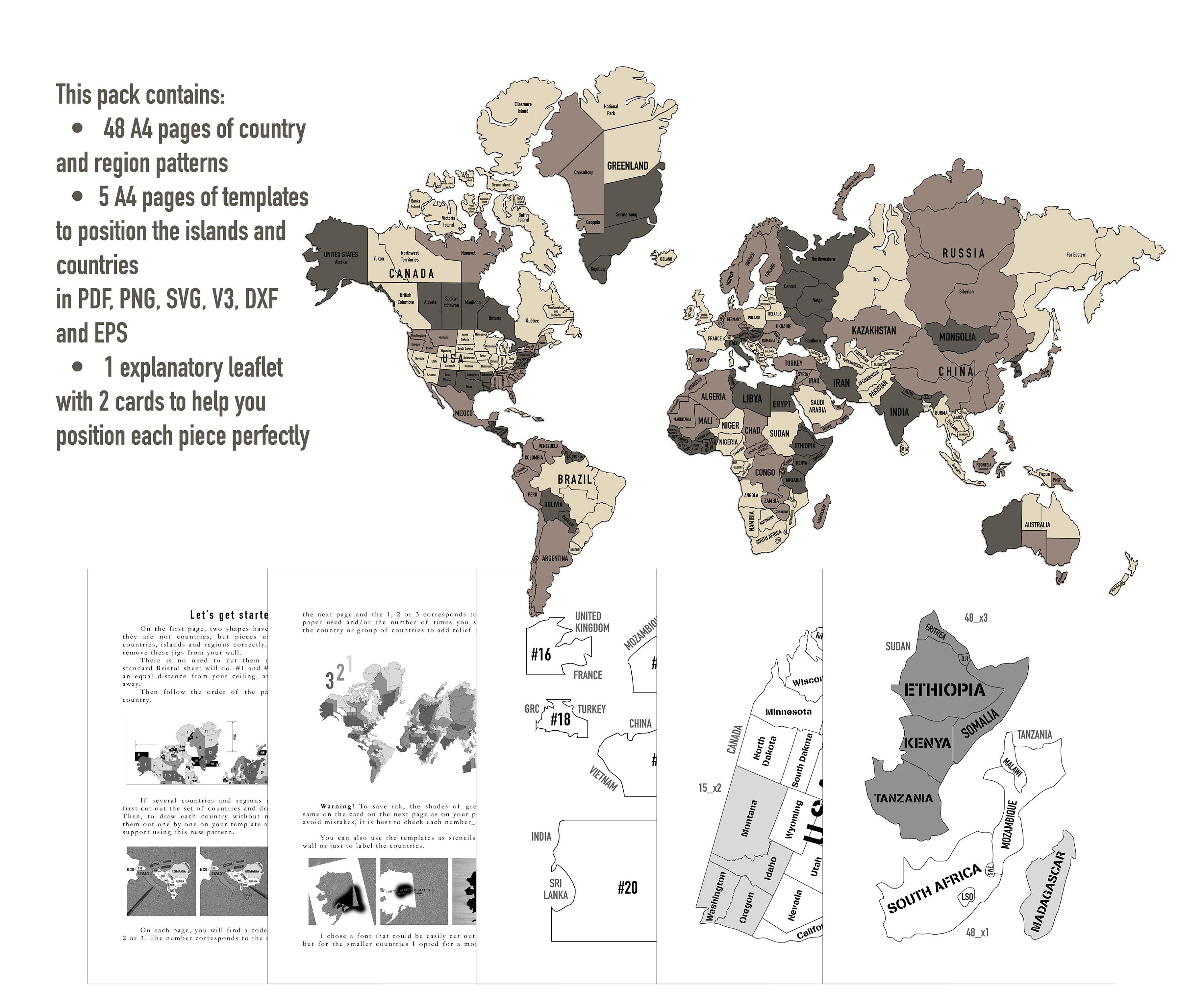 DIY Printable Wall World Map Pdf, Png, Svg, Dxf, Eps, Silhouette V3 ...