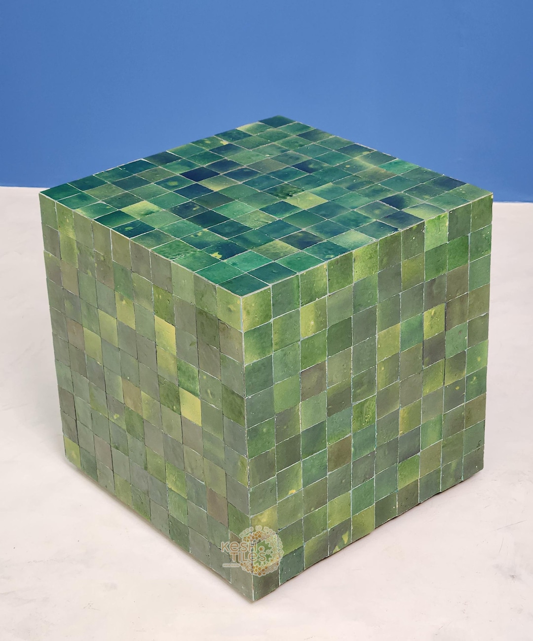 CUBIC SIDE TABLE, Mosaic Cube Green Tamegrout Table, Tiled Sides Table ...