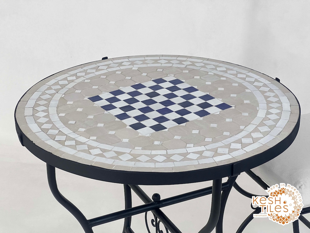 MOSAIC CHESS TABLE, Custom Made Gray and Royal Blue Tiles Table ...