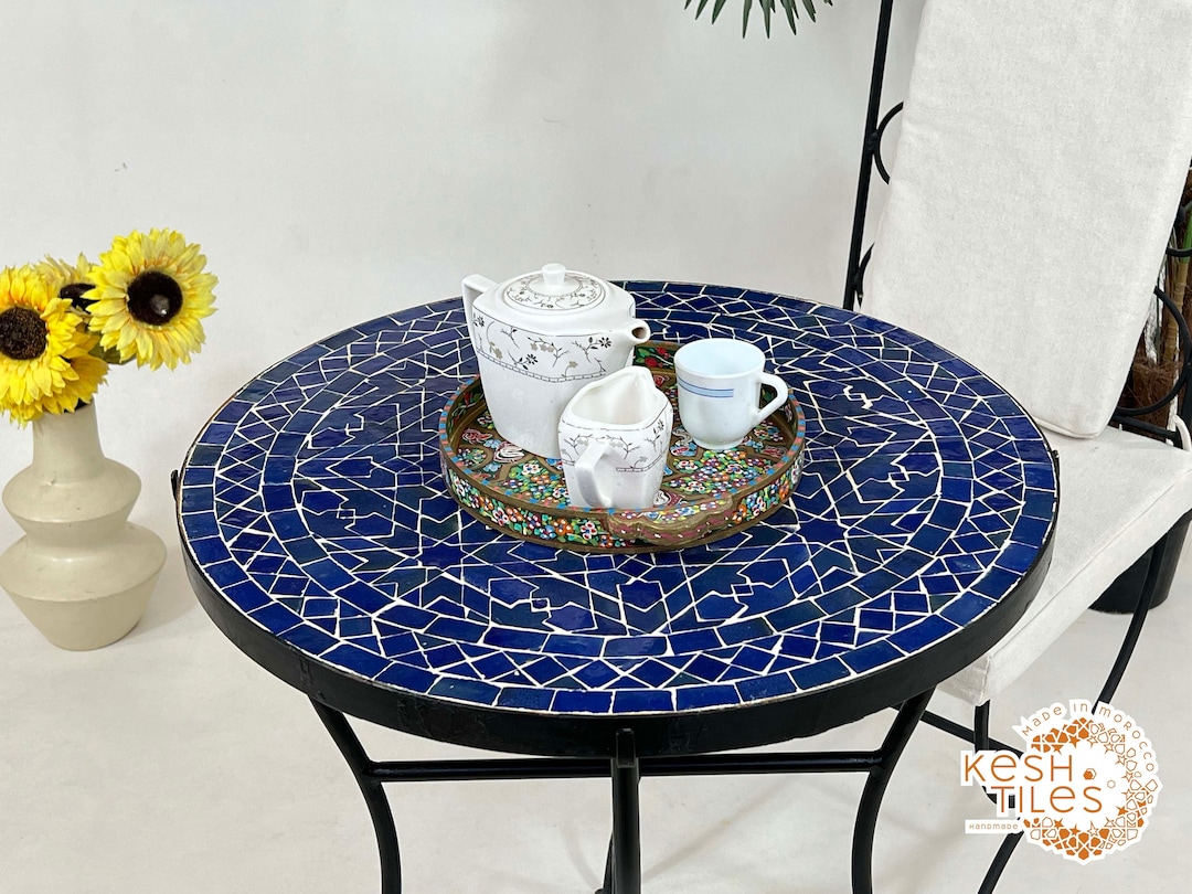 UNIQUE MOSAIC TABLE Custom Made Tealish Blue Round Table - Etsy
