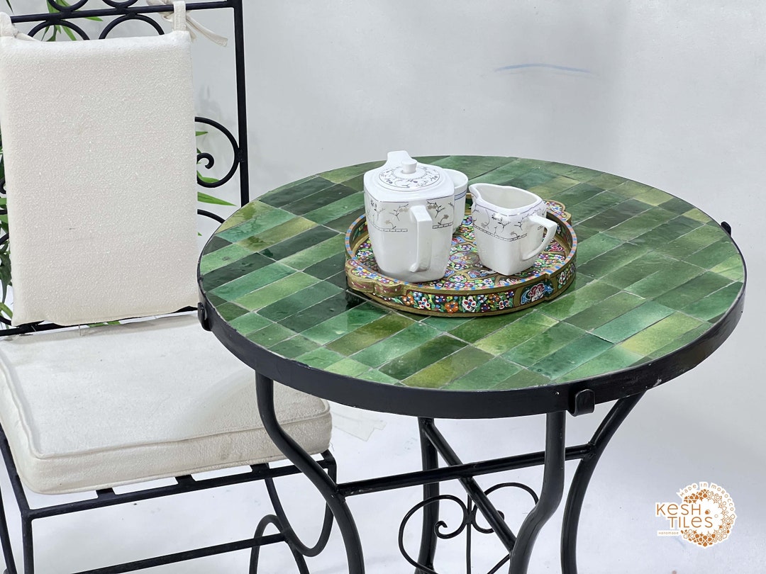 24 Inch NATURAL GREEN MOSAIC Table Moroccan Handmade Round Tiles Table ...