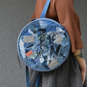Recycled Backpack, Blue Denim Fabric Backpack, Round Shoulder Bag ...