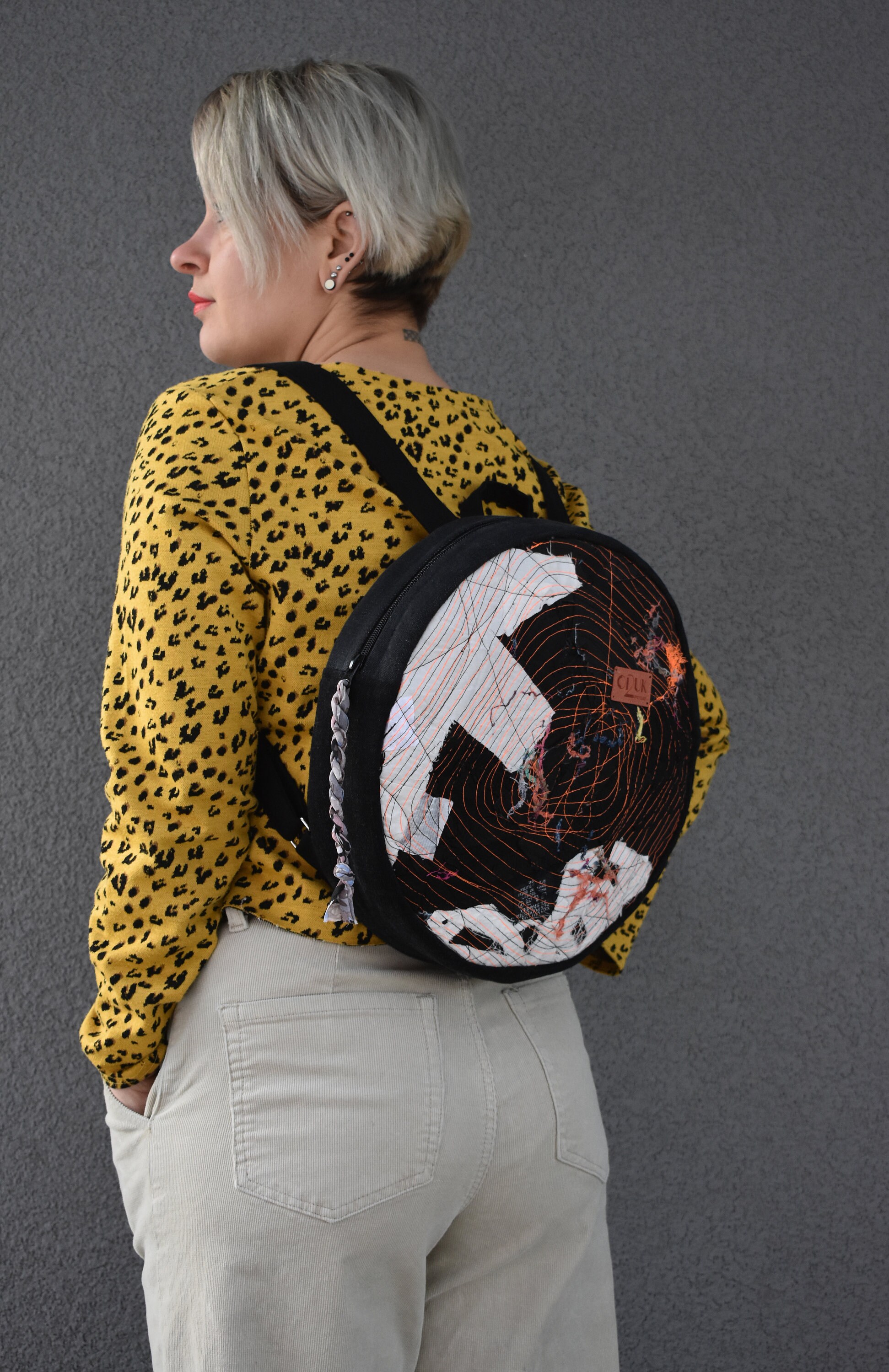 Medium-small Round Backpack, Upcycled Backpack, Artistic Denim Shoulder ...