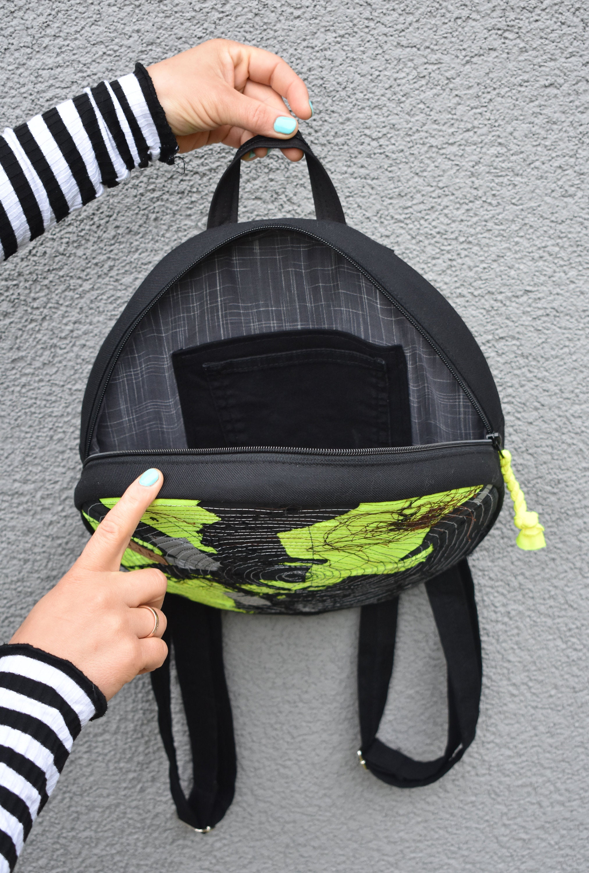 Medium Small Round Backpack, Neon Circle Backpack Made From Safety Vest ...