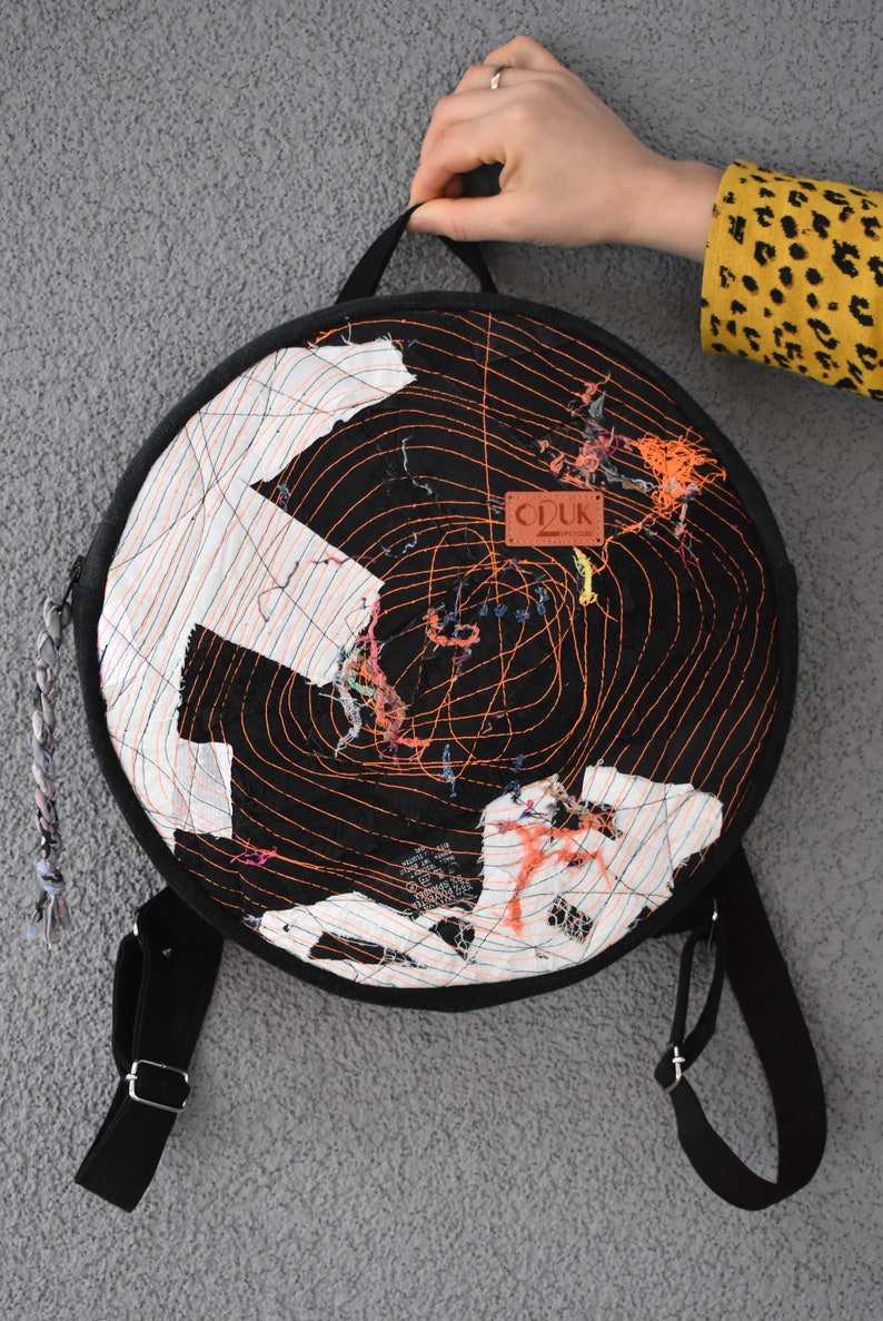 Medium-small Round Backpack, Upcycled Backpack, Artistic Denim Shoulder ...