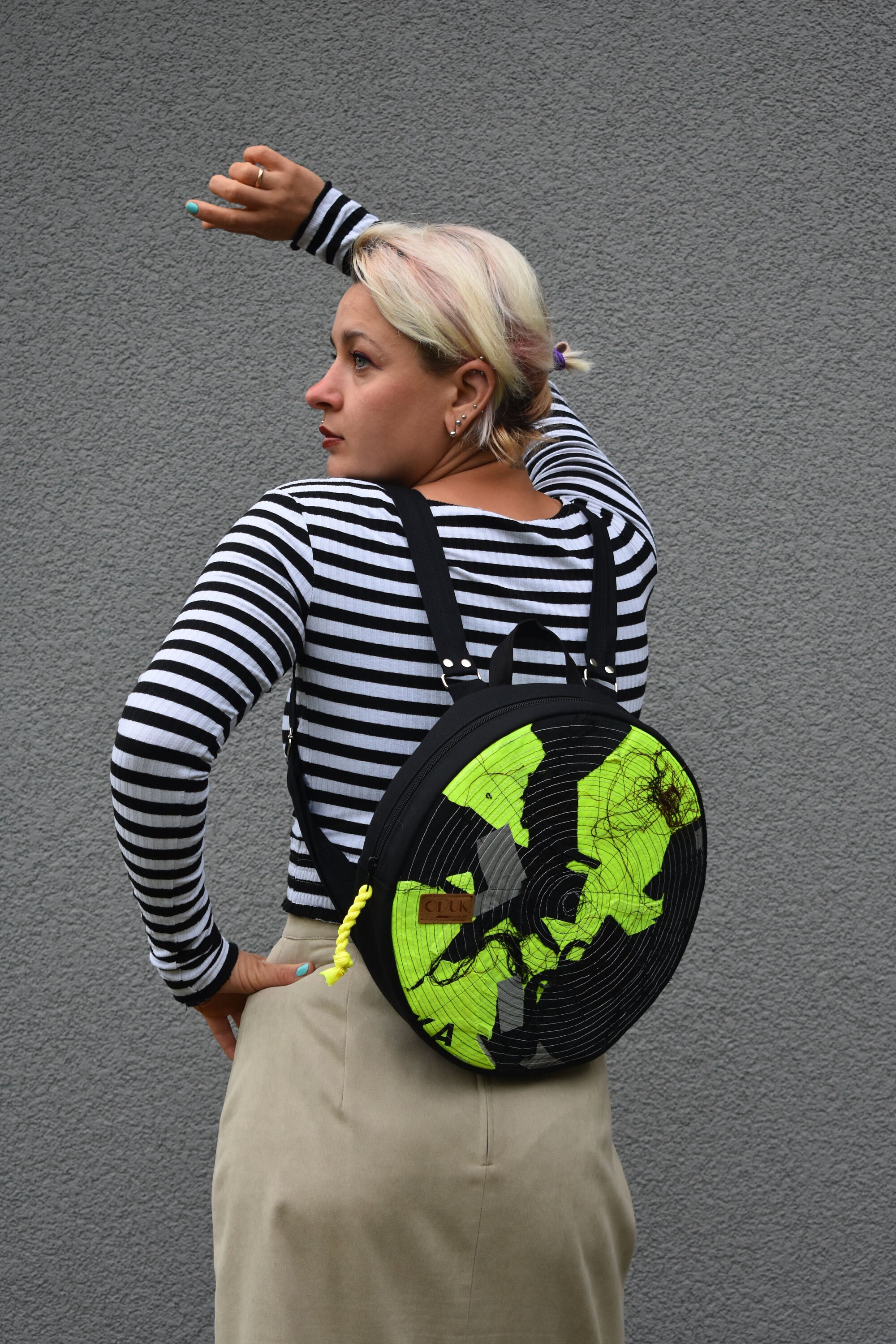 Medium Small Round Backpack, Neon Circle Backpack Made From Safety Vest ...