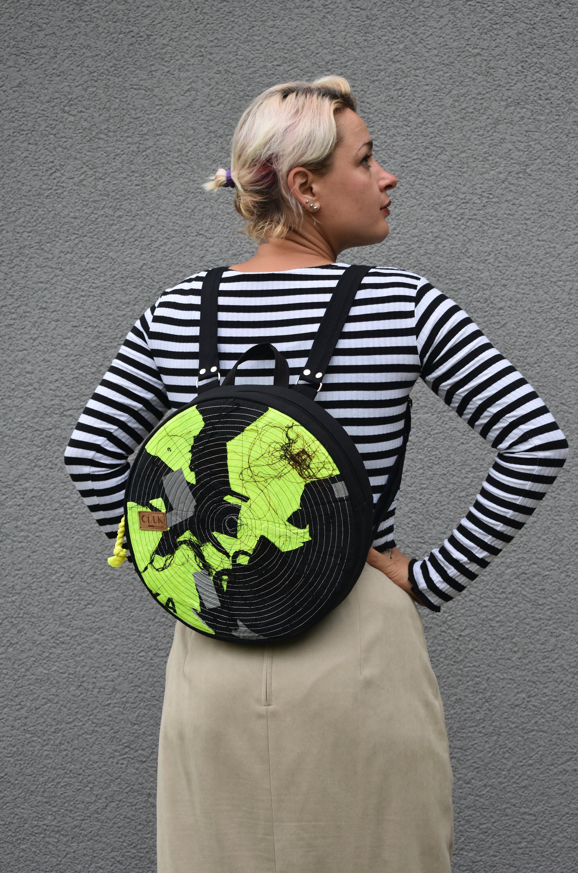 Medium Small Round Backpack, Neon Circle Backpack Made From Safety Vest ...