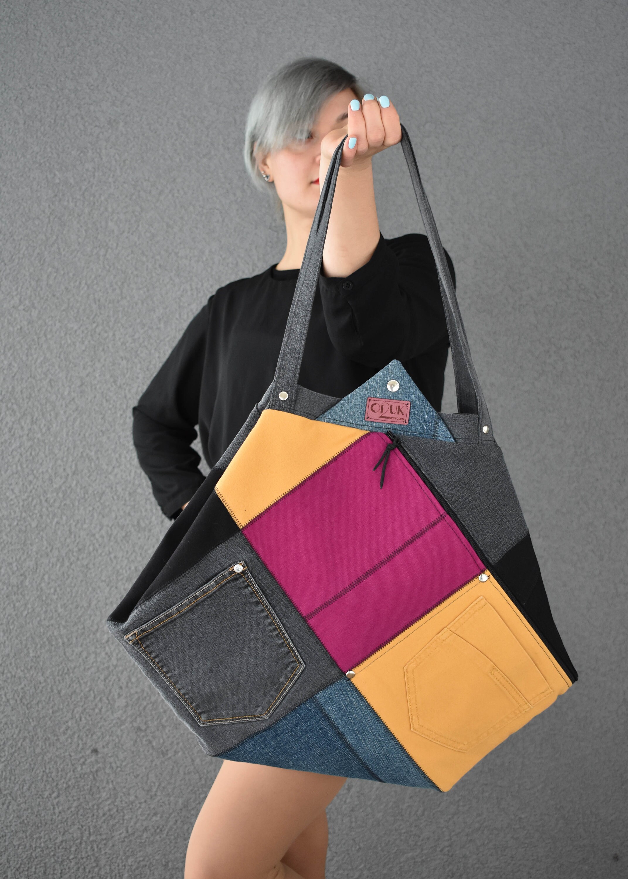 XL Patchwork Tote Upcycled Tote Bag Recycled Fabric Shoulder - Etsy