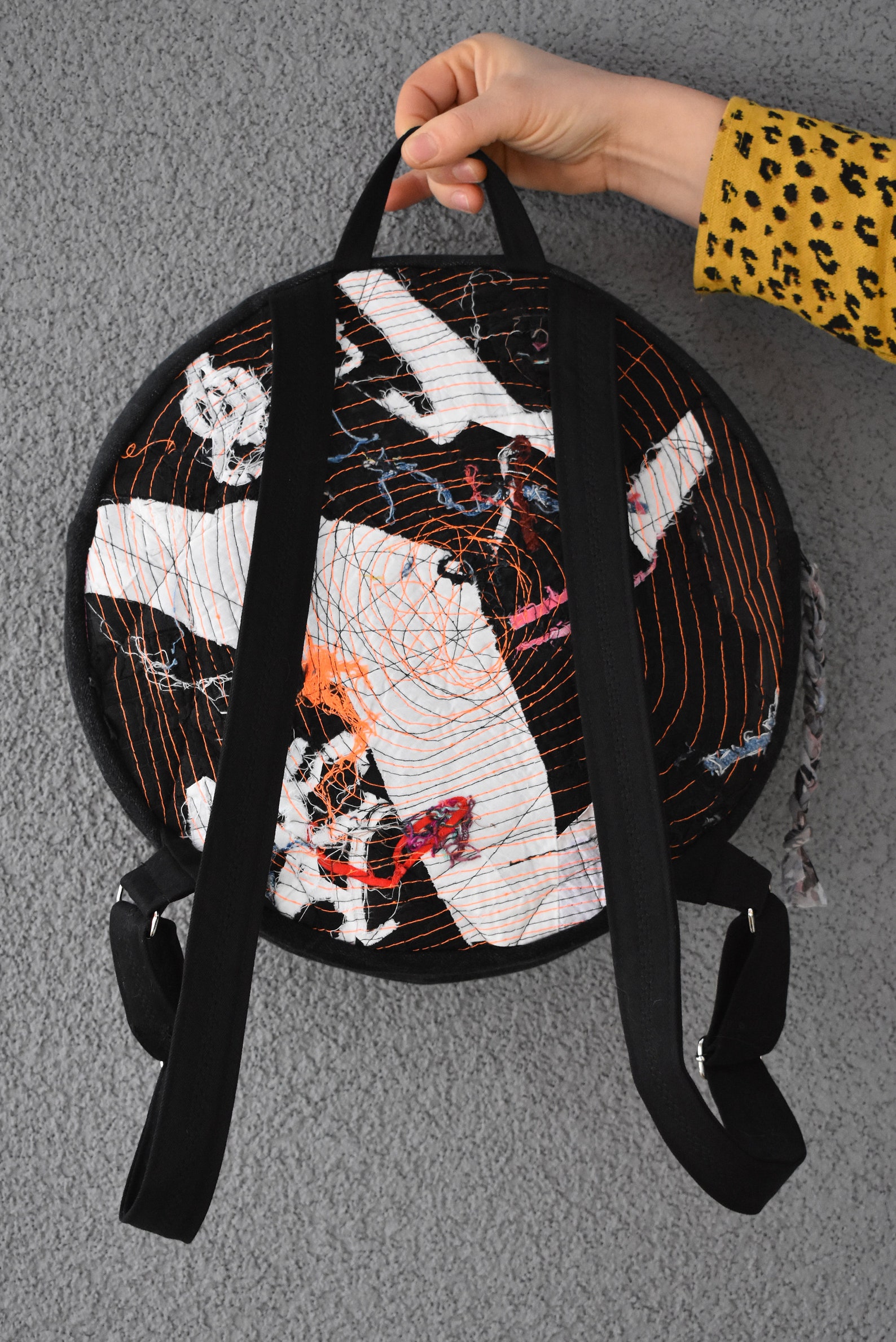 Medium-small Round Backpack, Upcycled Backpack, Artistic Denim Shoulder ...