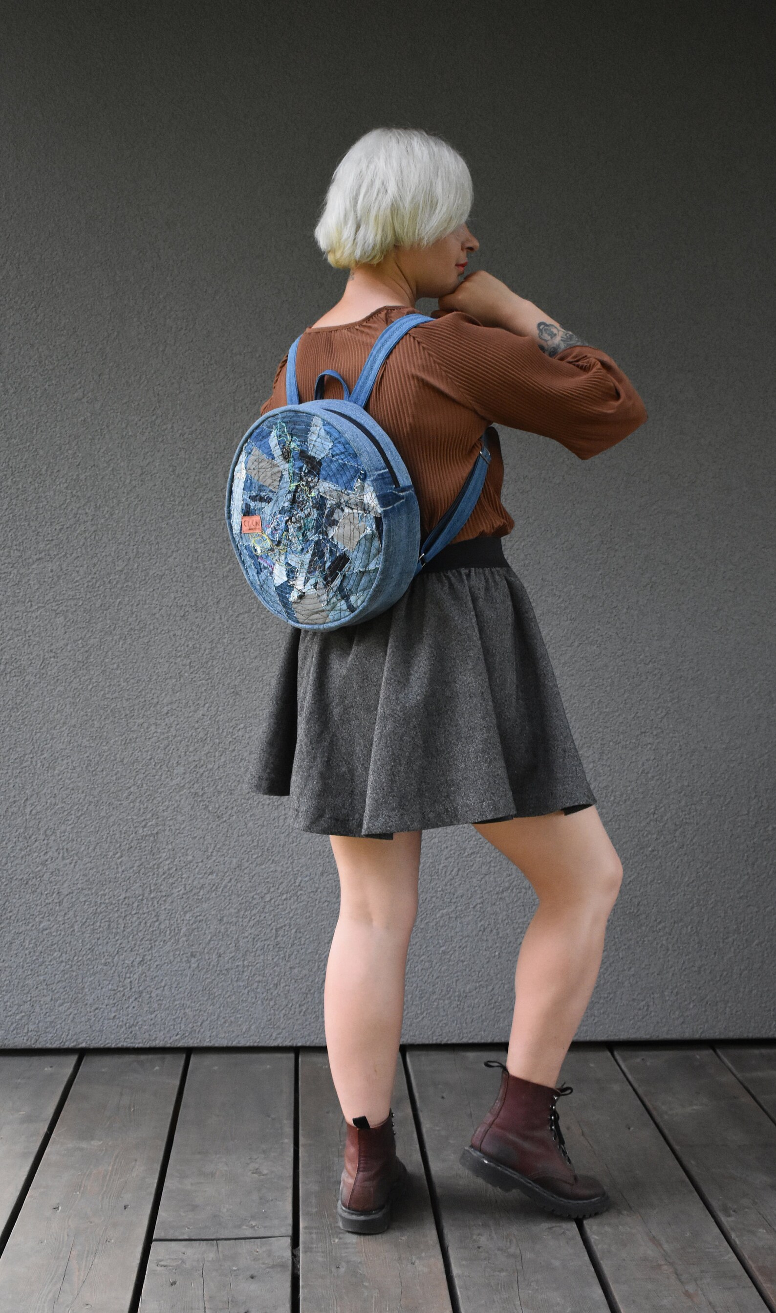 Recycled Backpack, Blue Denim Fabric Backpack, Round Shoulder Bag ...