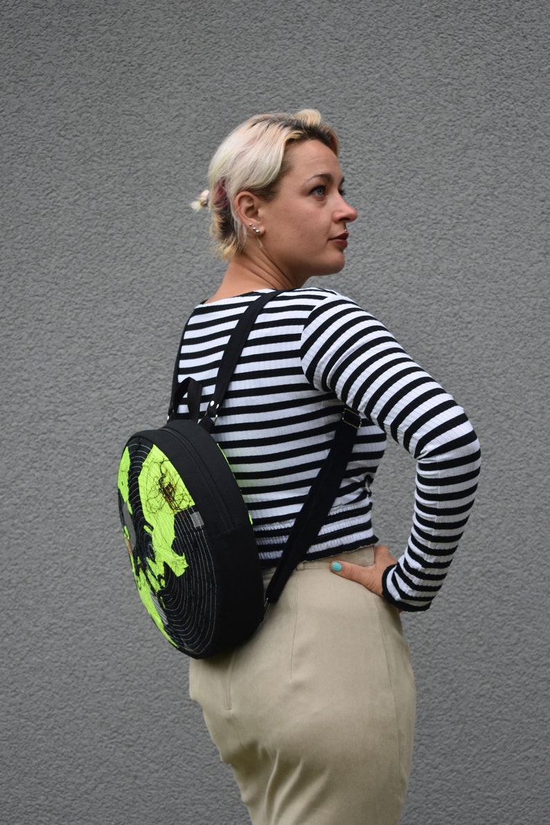 Medium Small Round Backpack, Neon Circle Backpack Made From Safety Vest ...