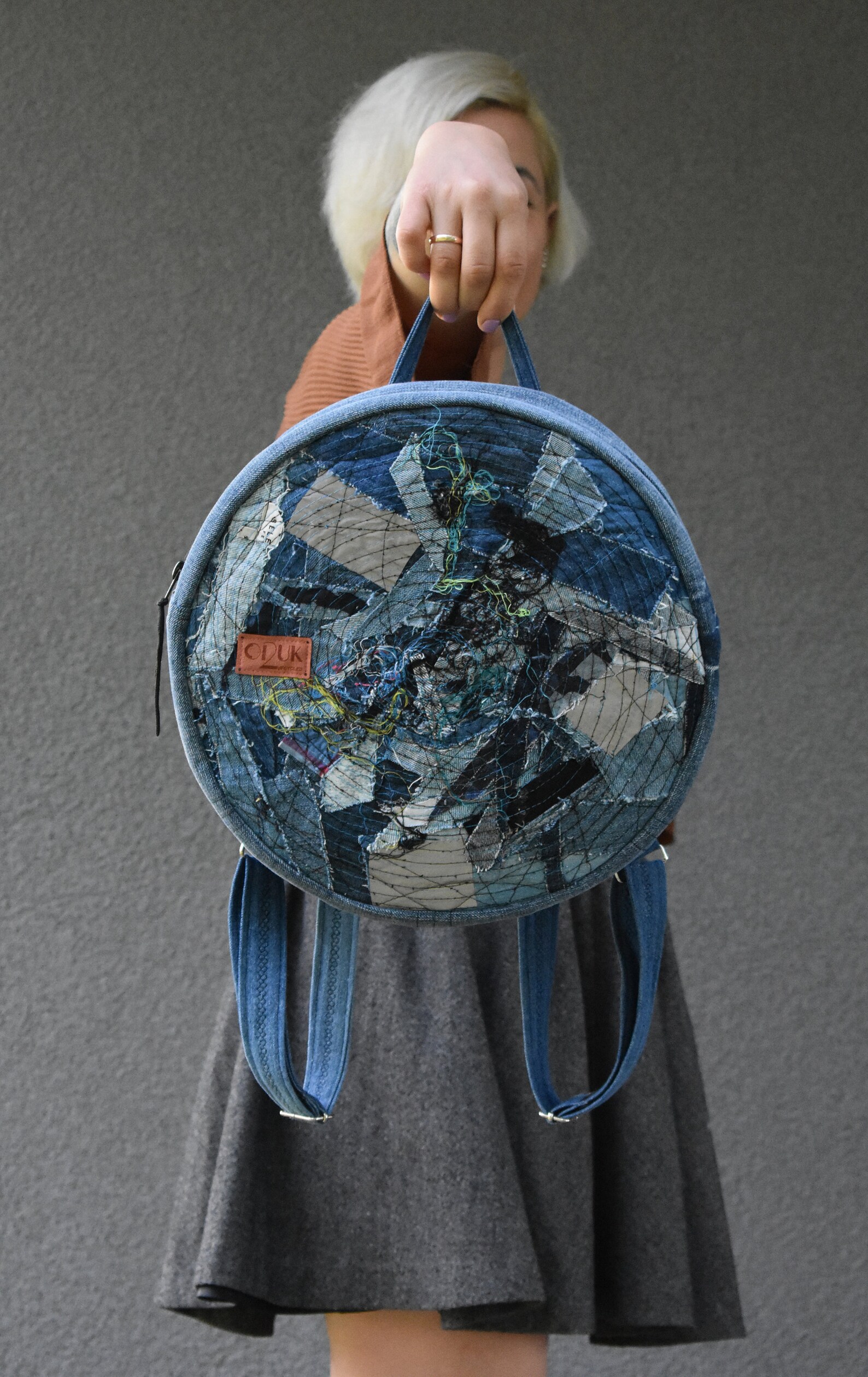 Recycled Backpack, Blue Denim Fabric Backpack, Round Shoulder Bag ...