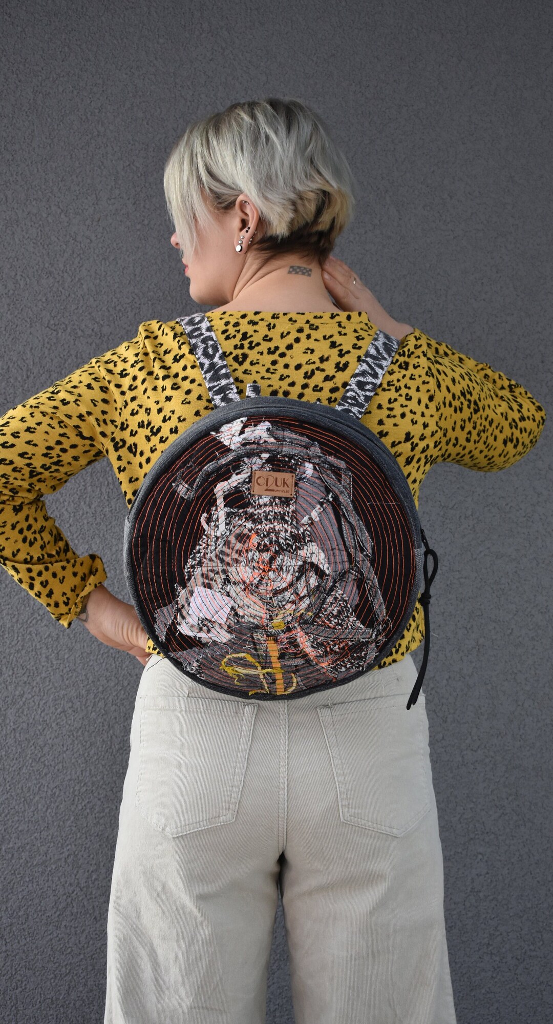 Medium-small Round Backpack, Upcycled Backpack, Artistic Denim Shoulder ...