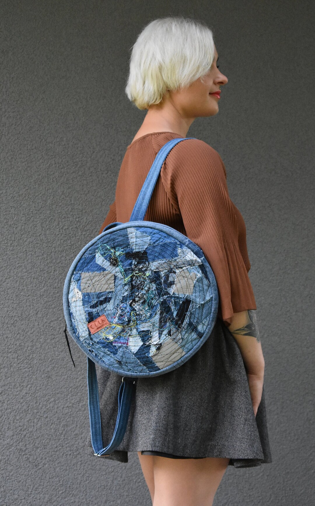 Recycled Backpack, Blue Denim Fabric Backpack, Round Shoulder Bag ...