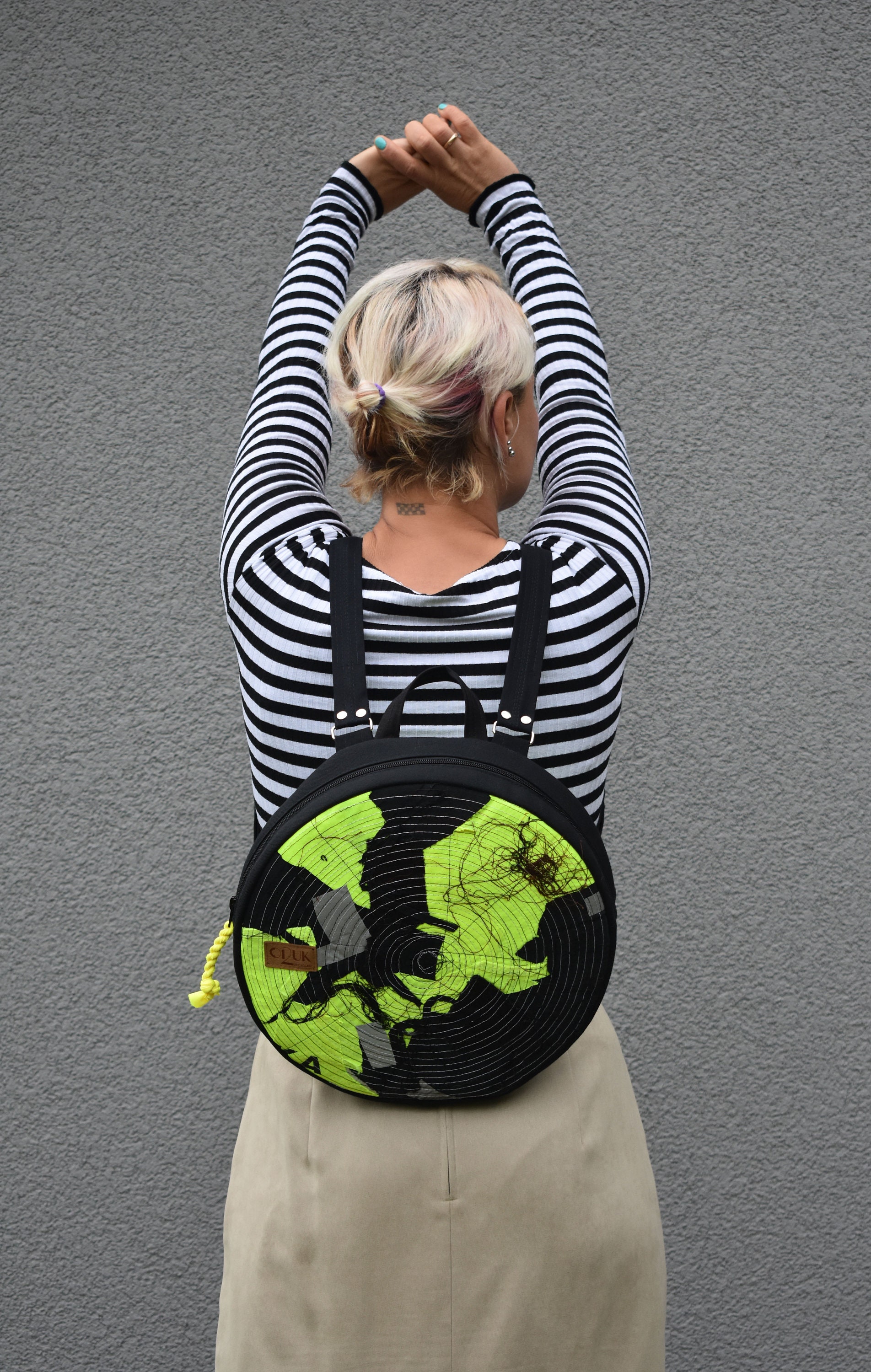 Medium Small Round Backpack, Neon Circle Backpack Made From Safety Vest ...