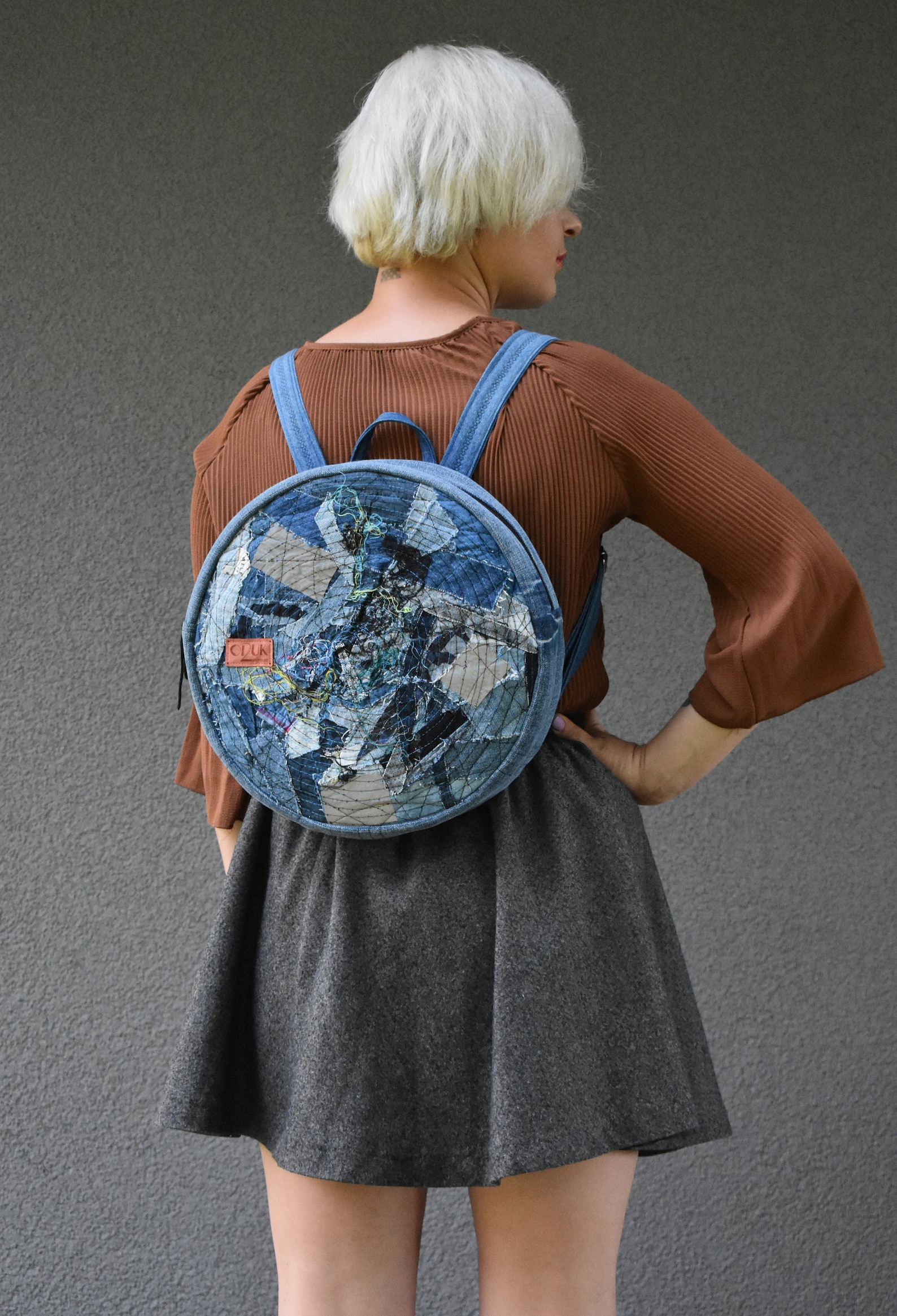 Recycled Backpack, Blue Denim Fabric Backpack, Round Shoulder Bag ...