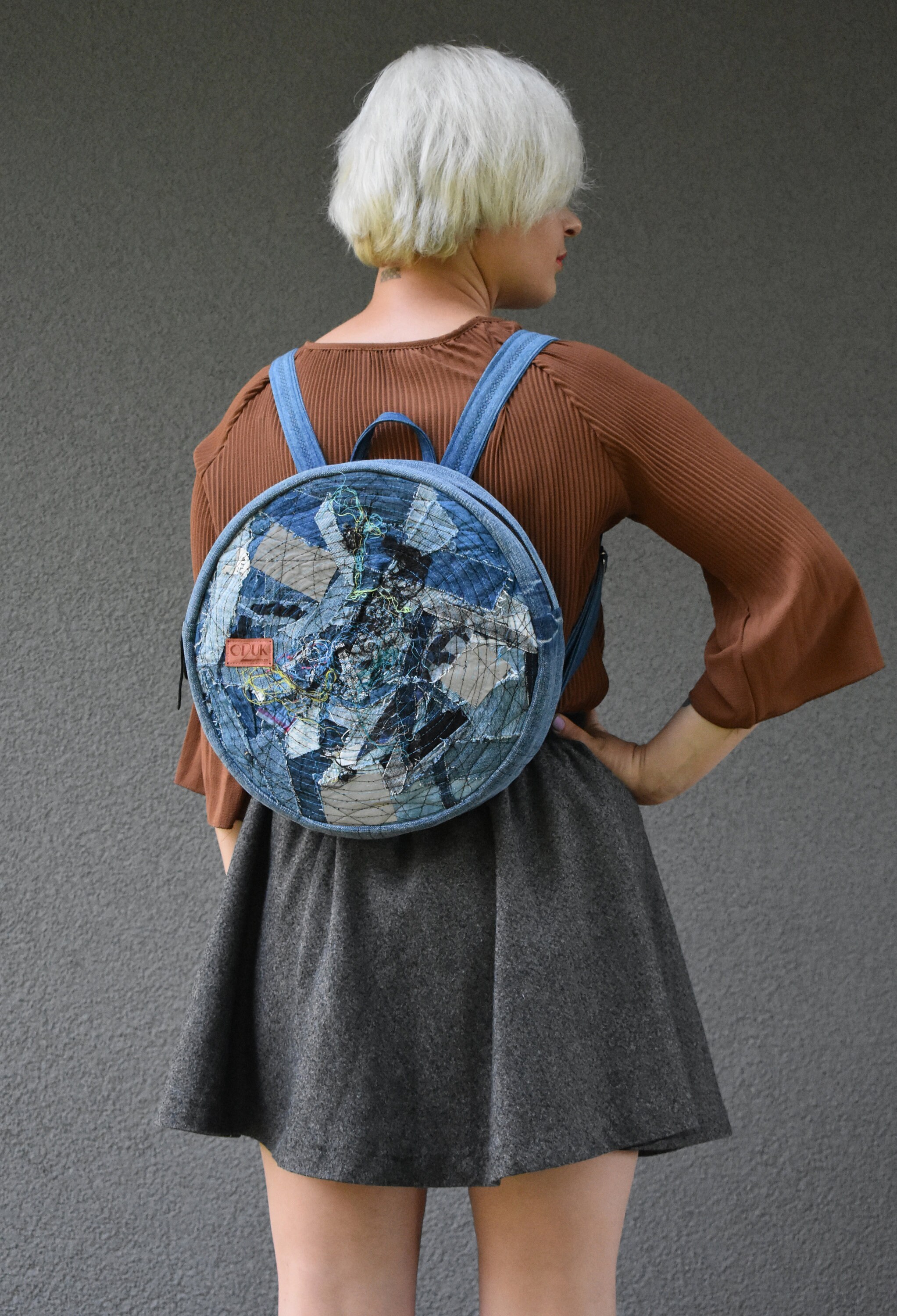 Recycled Backpack, Blue Denim Fabric Backpack, Round Shoulder Bag ...