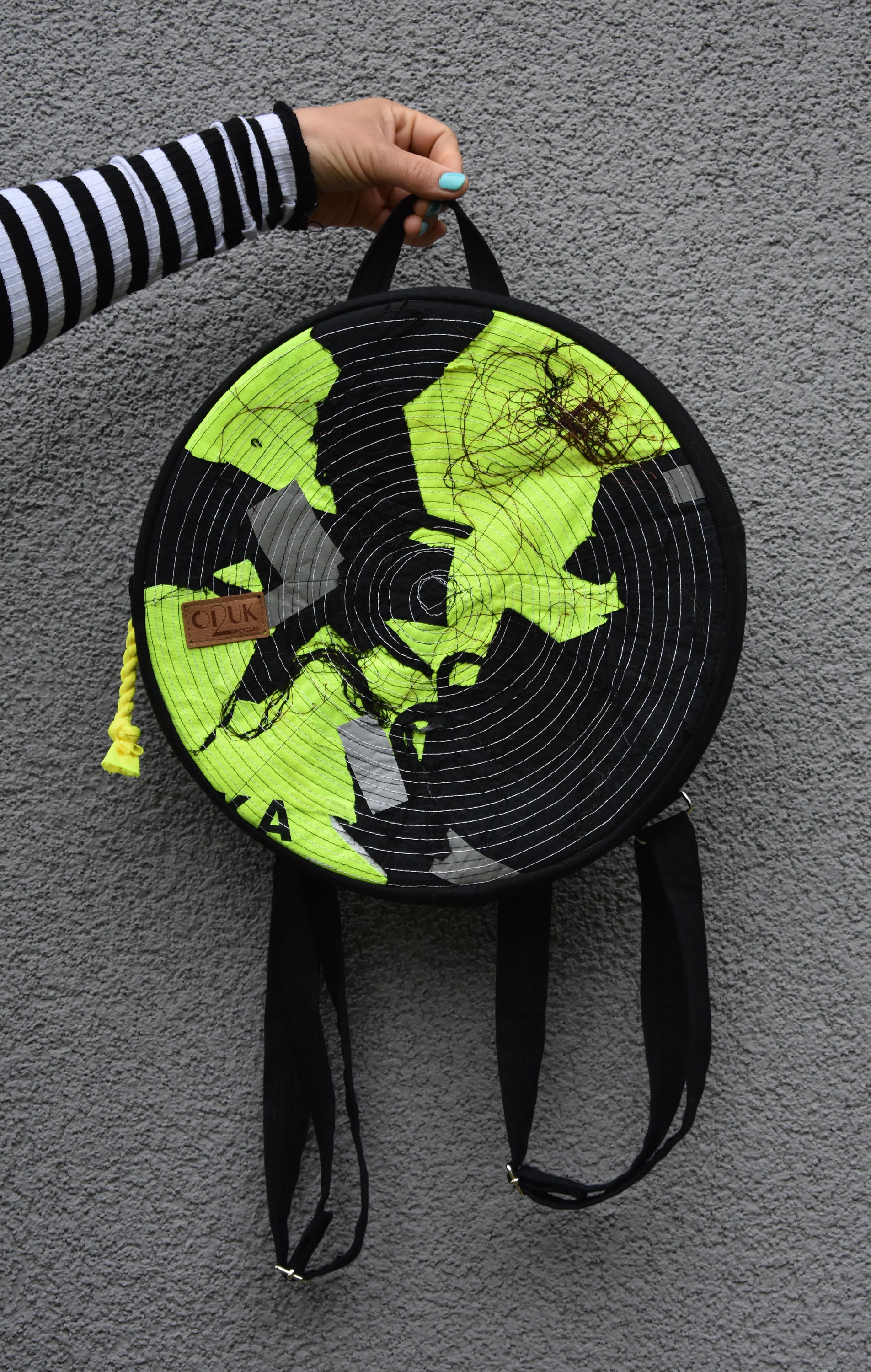Medium Small Round Backpack, Neon Circle Backpack Made From Safety Vest ...