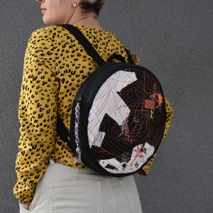 Medium-small Round Backpack, Upcycled Backpack, Artistic Denim Shoulder ...