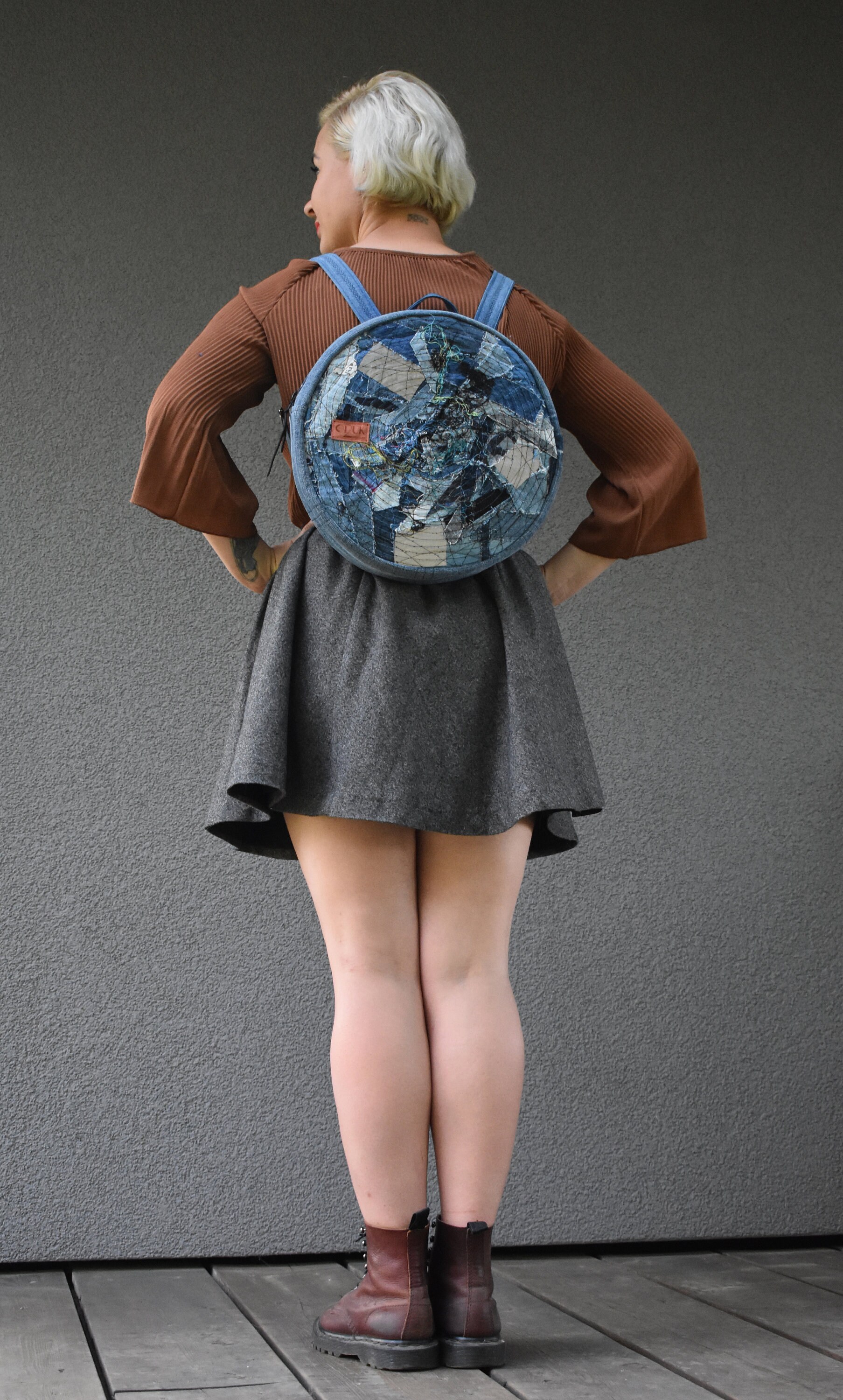 Recycled Backpack, Blue Denim Fabric Backpack, Round Shoulder Bag ...