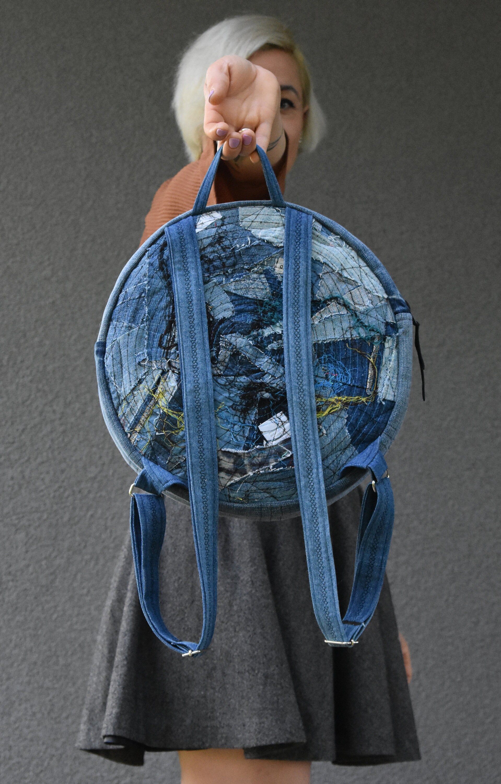 Recycled Backpack, Blue Denim Fabric Backpack, Round Shoulder Bag ...
