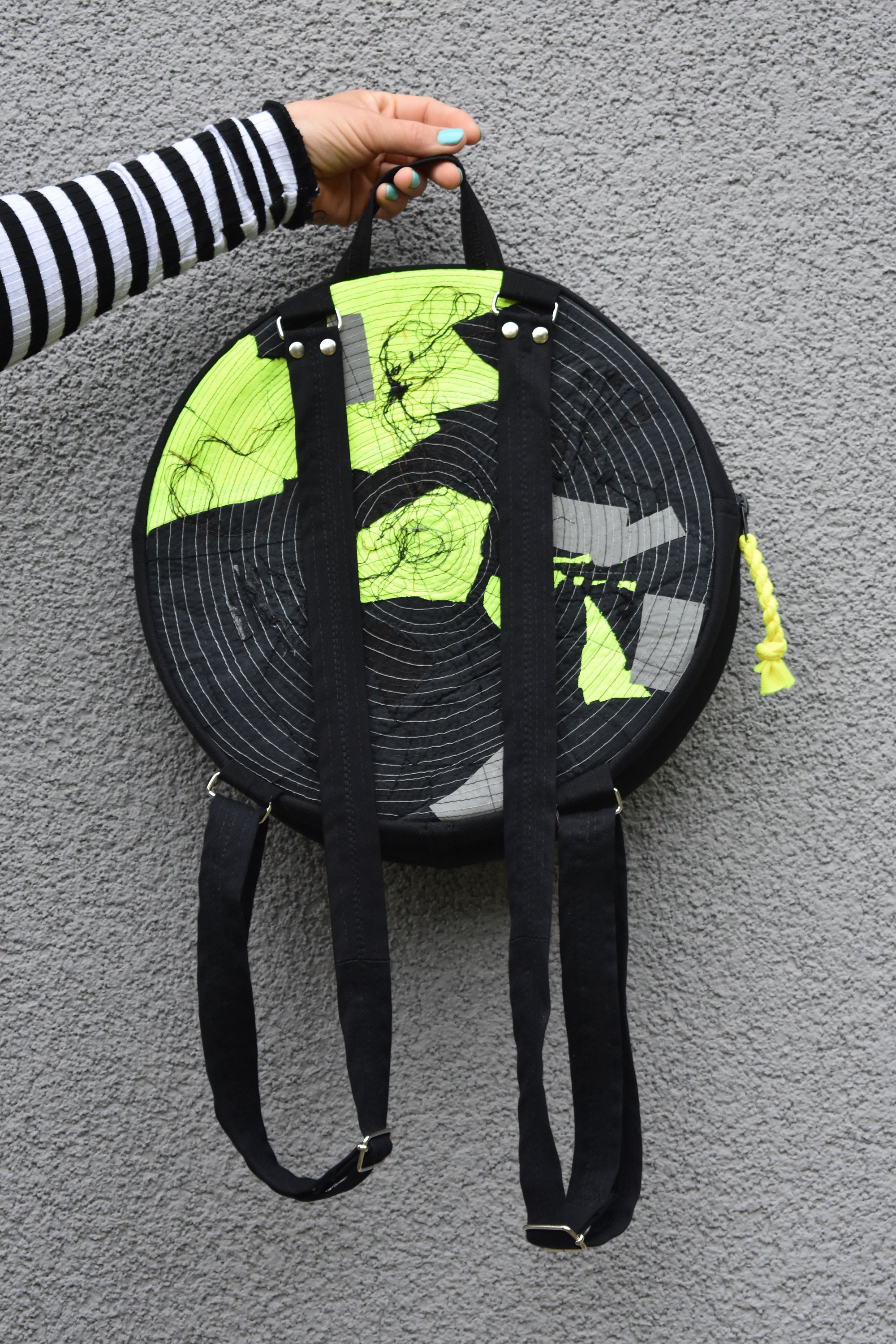 Medium Small Round Backpack, Neon Circle Backpack Made From Safety Vest ...
