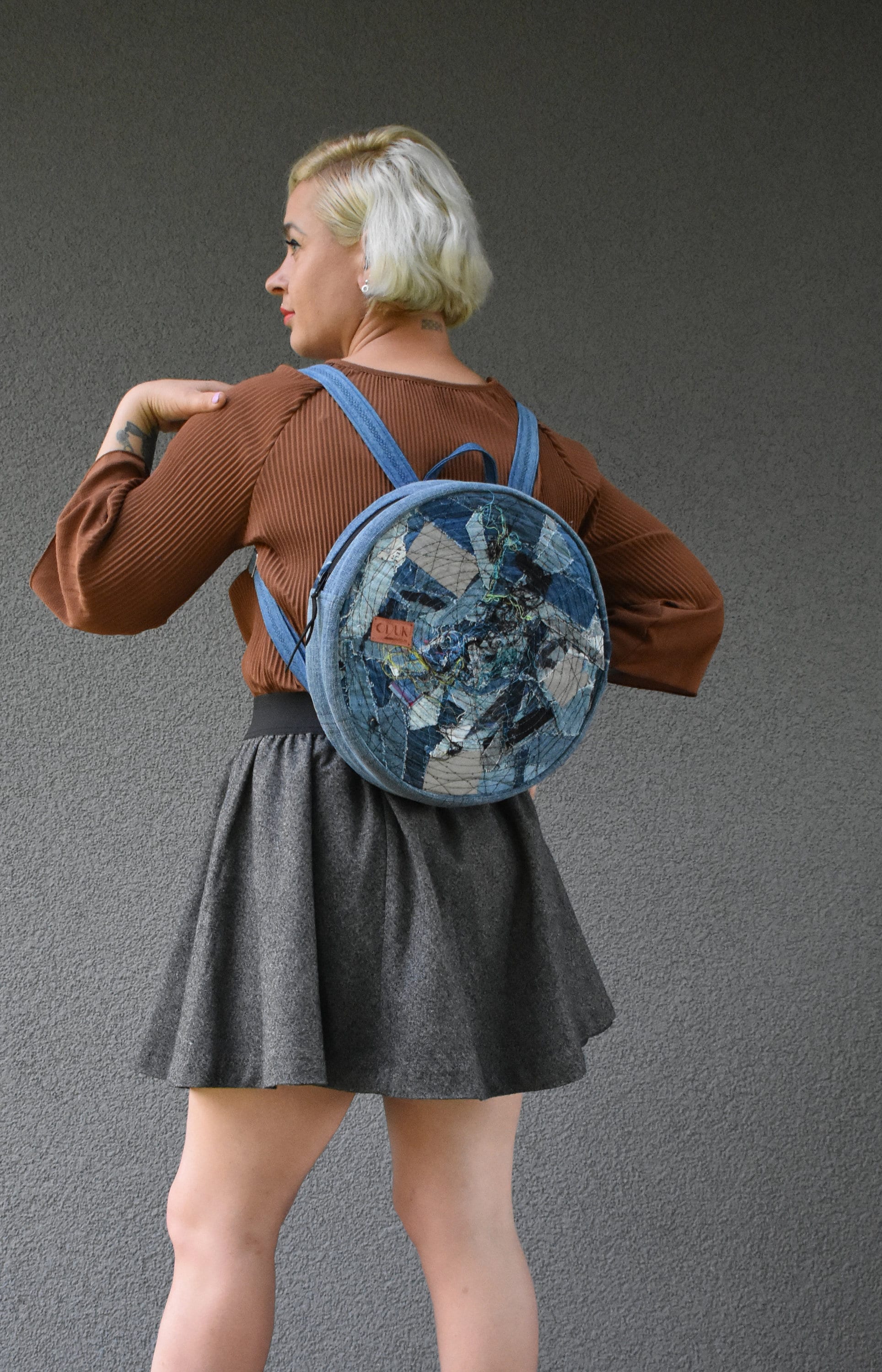 Recycled Backpack, Blue Denim Fabric Backpack, Round Shoulder Bag ...