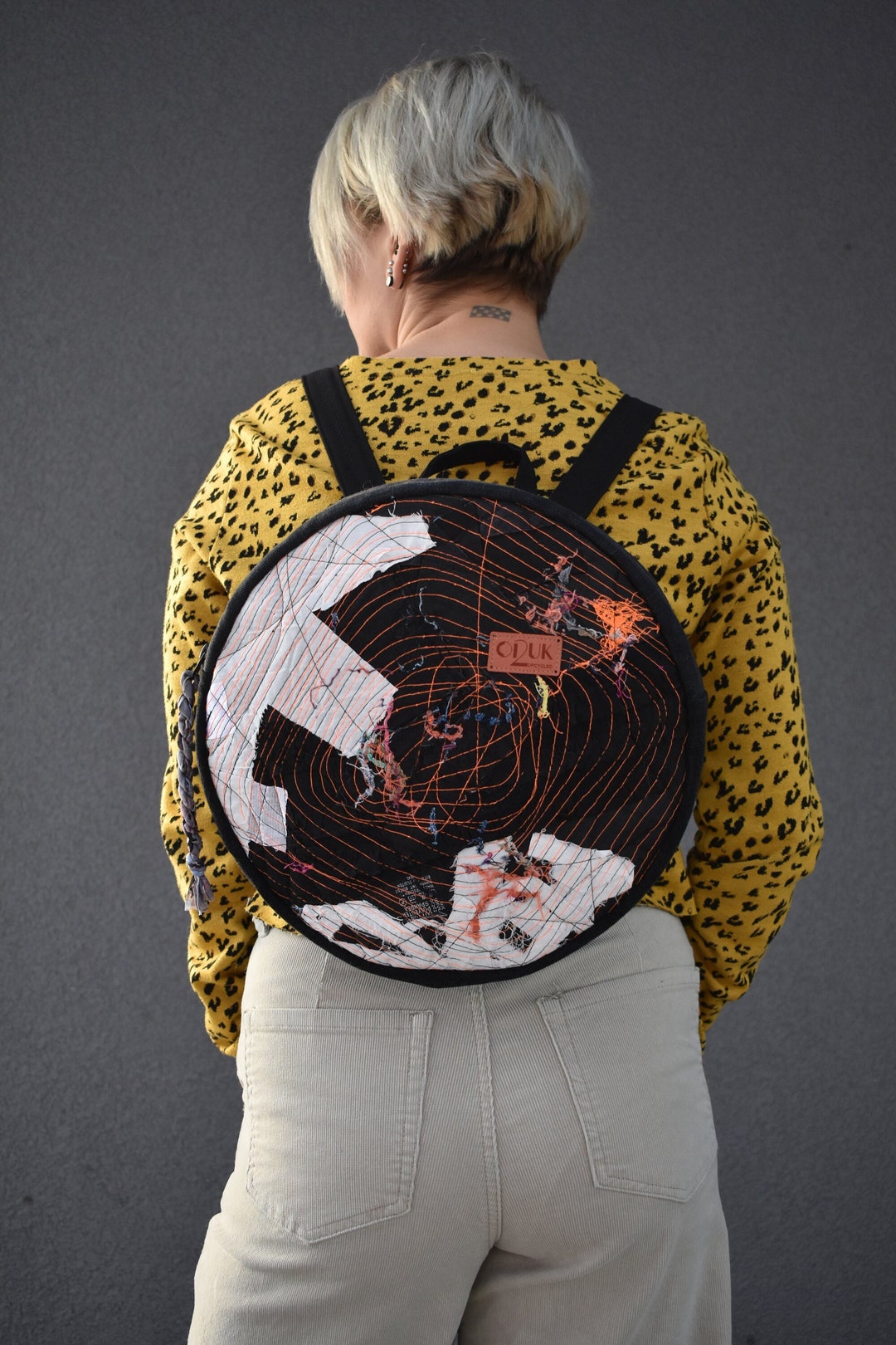 Medium-small Round Backpack, Upcycled Backpack, Artistic Denim Shoulder ...