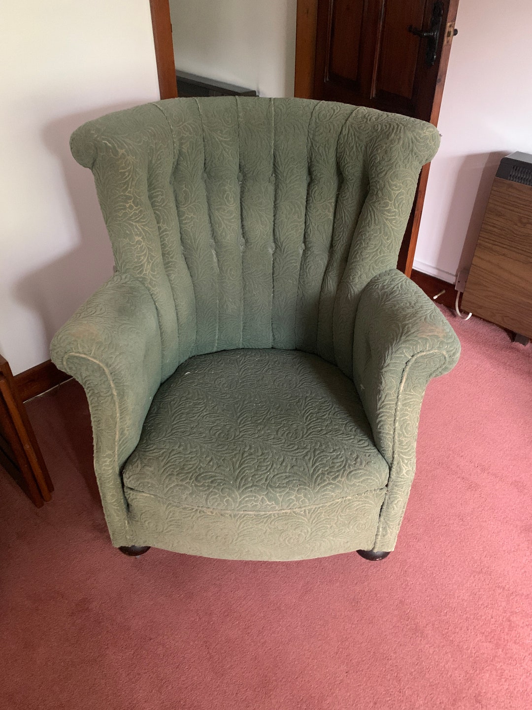 Upholstered High Back Armchair : Vintage, Green With Castors. Nice ...