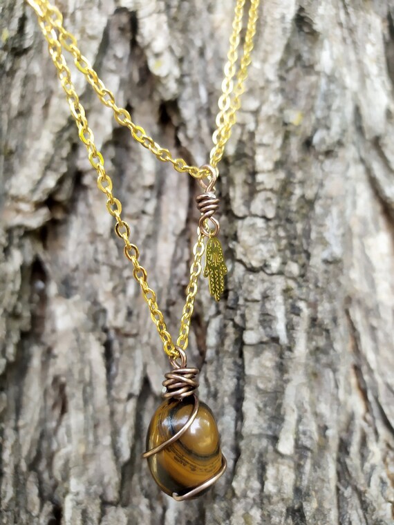 Double Gold Chain With Tumbled Tiger Eye Pendant and Fathima - Etsy