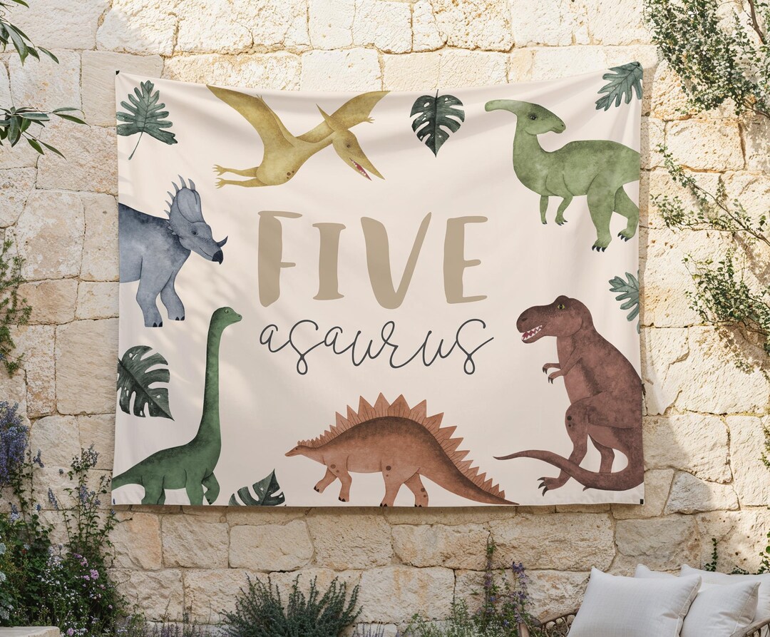 Dinosaur 5th Birthday Backdrop | Dino Five-asaurus Birthday Party Decor ...