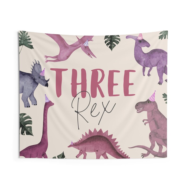 Girl Dinosaur 3rd Birthday Backdrop | Pink Dino THREE Rex Birthday ...