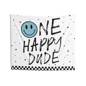 One Happy Dude Birthday Backdrop | Blue Happy Face 1st Birthday Banner ...