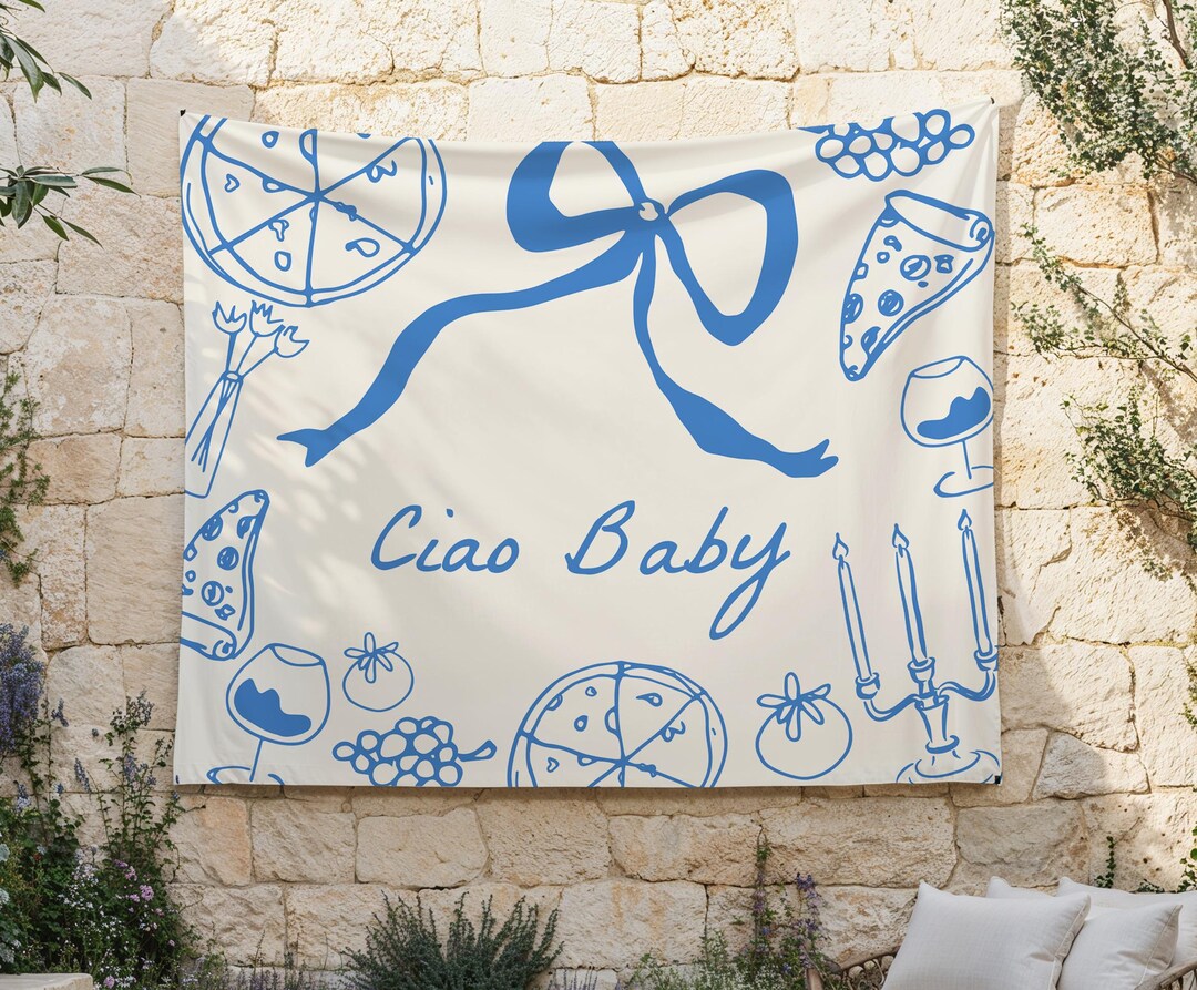 Ciao Baby Backdrop | Blue Hand Drawn Italian Pizza Baby Shower Fabric ...