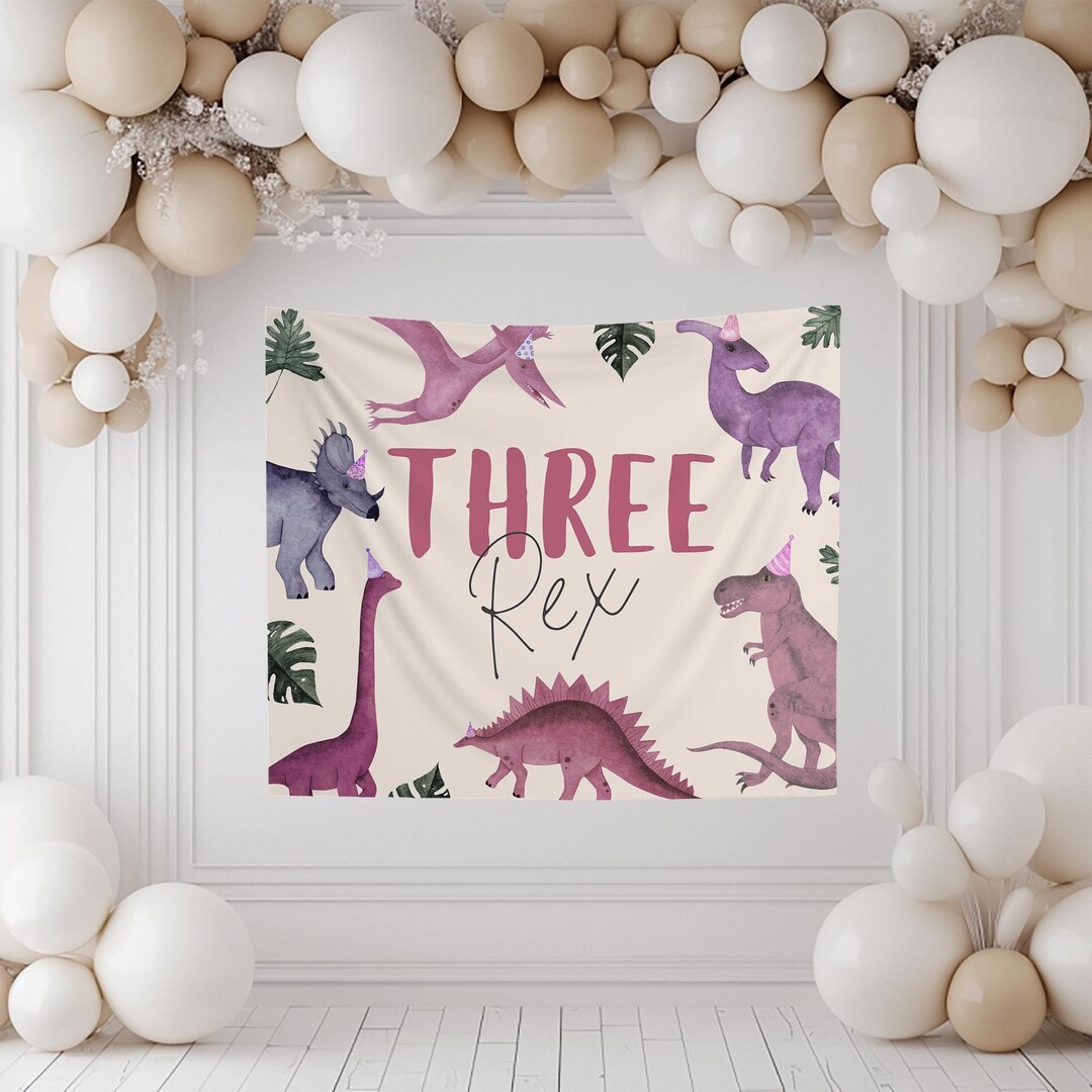 Girl Dinosaur 3rd Birthday Backdrop | Pink Dino THREE Rex Birthday ...