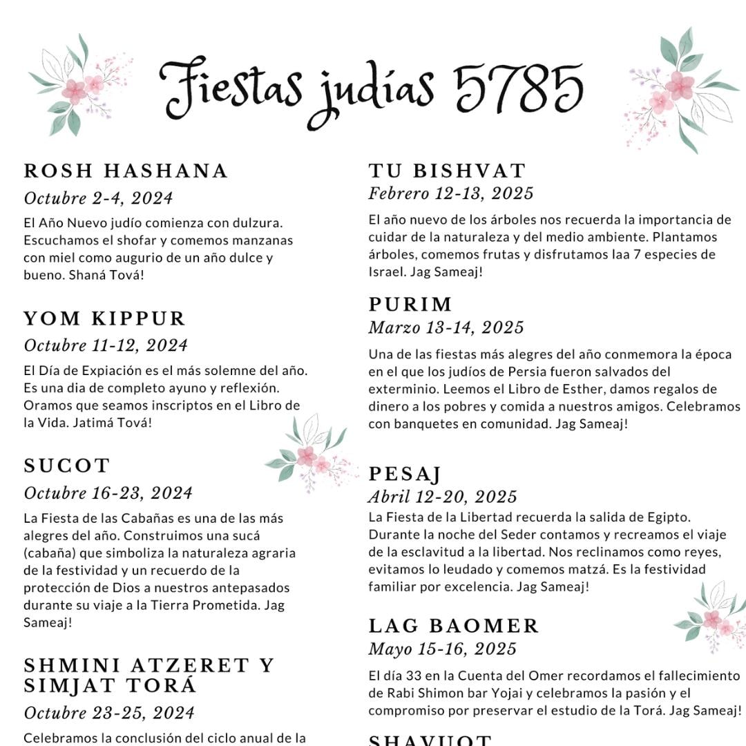 Calendario Imprimible Anual 2024 Con Festividades Judías