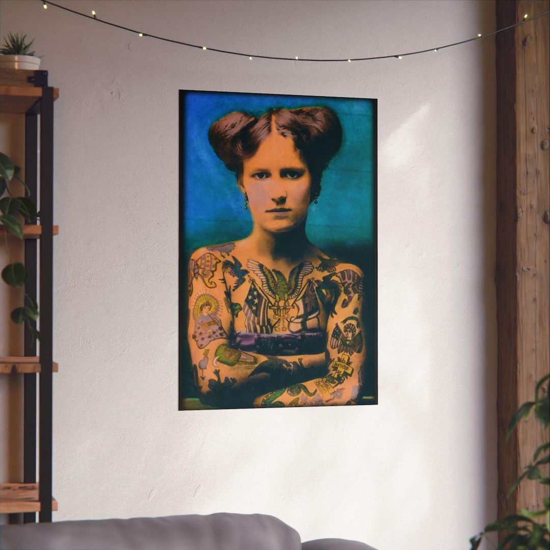 Tattooed Vintage Lady Poster Retro Beauty Wall Art Black Pinup Print ...