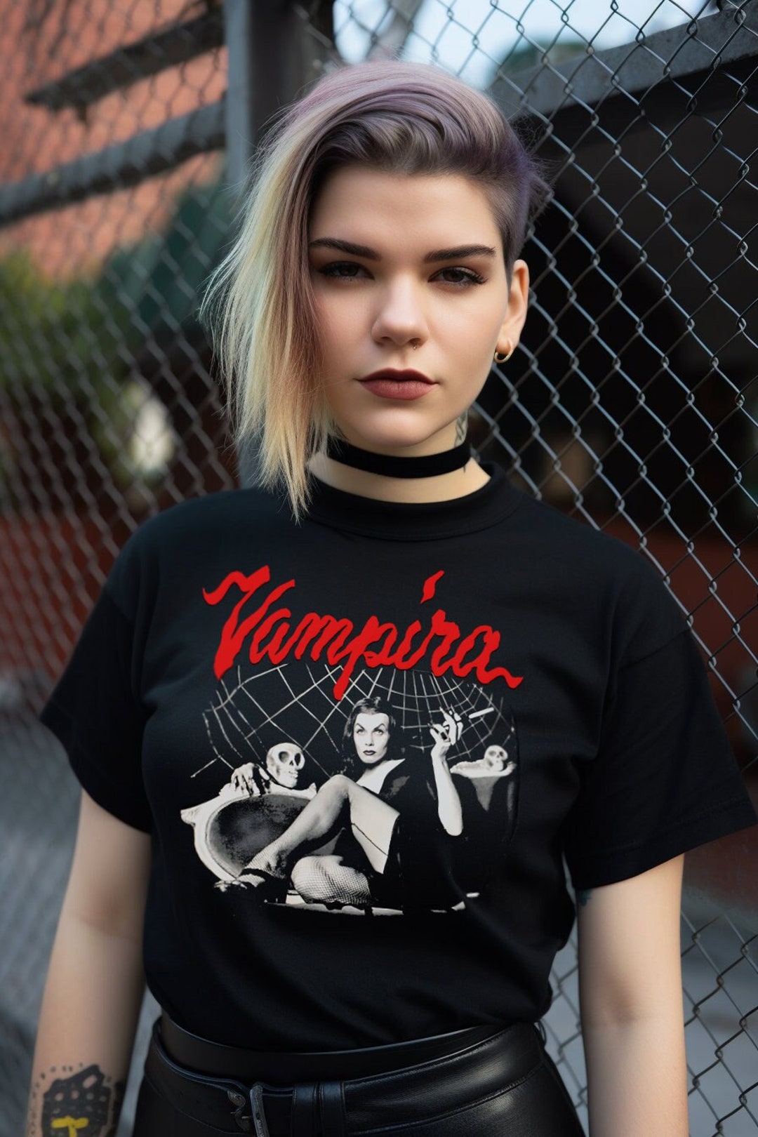 Vampira T-shirt Vintage Gothic Icon Maila Nurmi Classic Horror & Elvira Goth Punk Tee Long ...