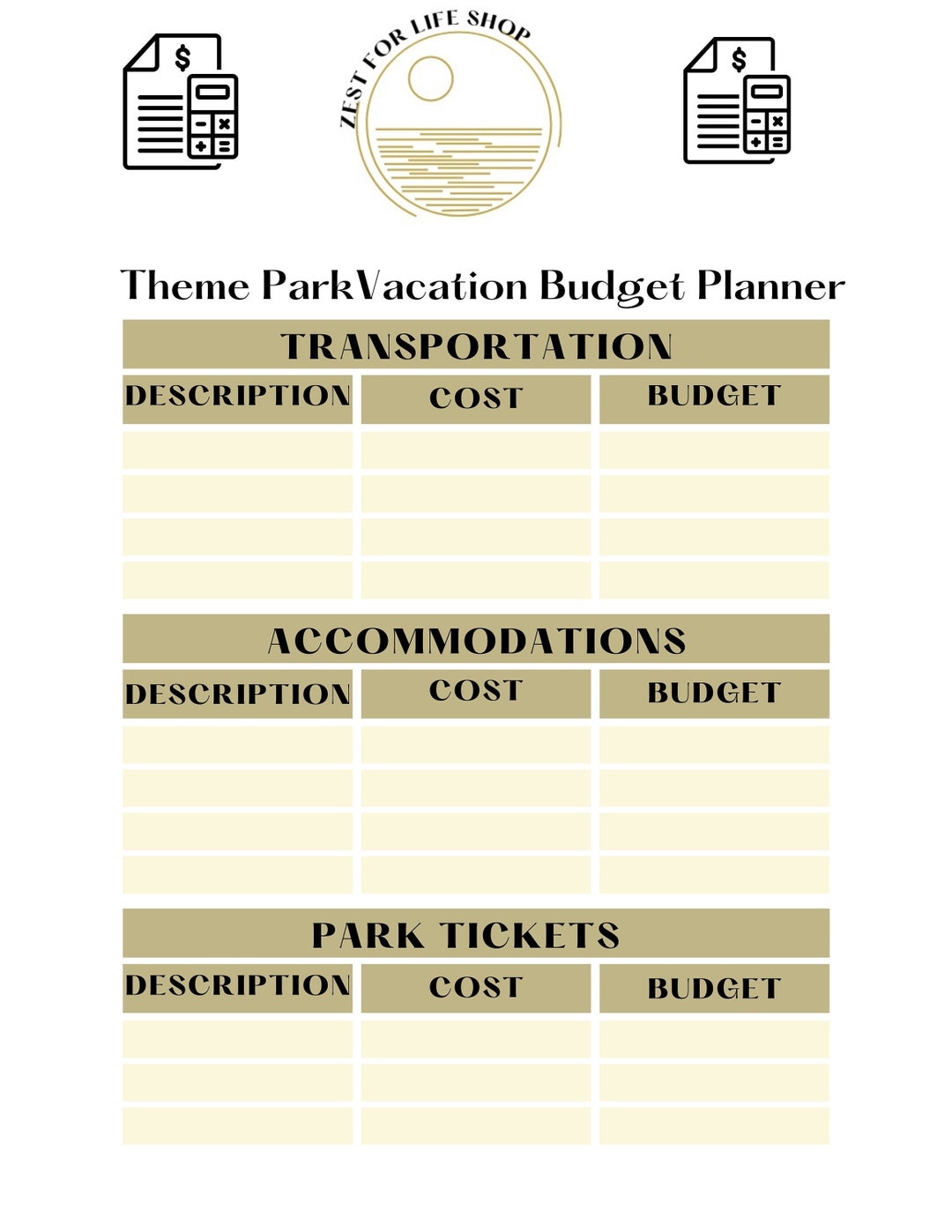 Theme Park Vacation Budget Planner - Etsy