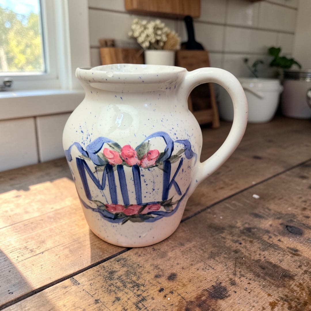 Vintage Hand-painted Blue White Milk Jug Country Farmhouse Cottagecore ...